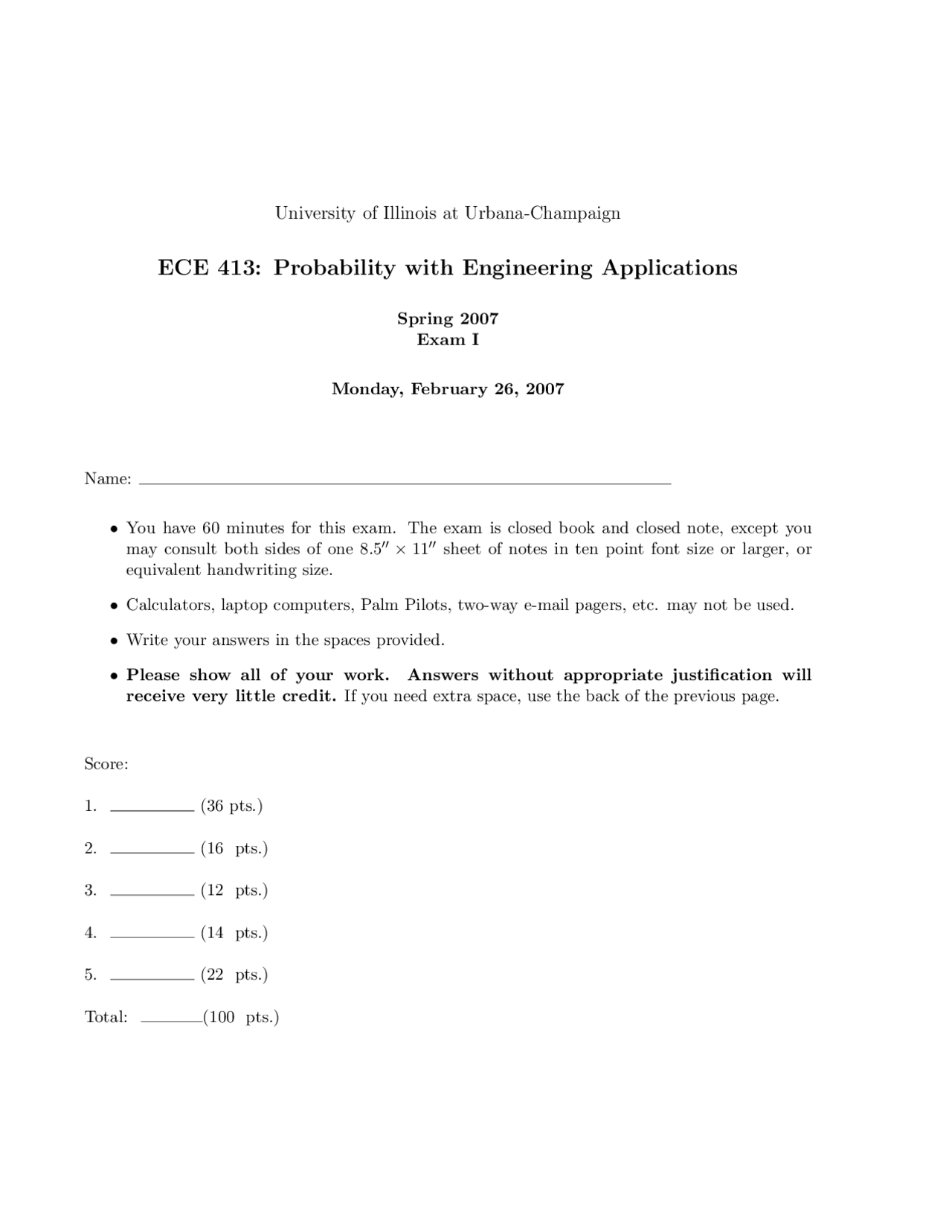 Probability with Engineering Applications - Exam 1 | ECE 313 - Docsity
