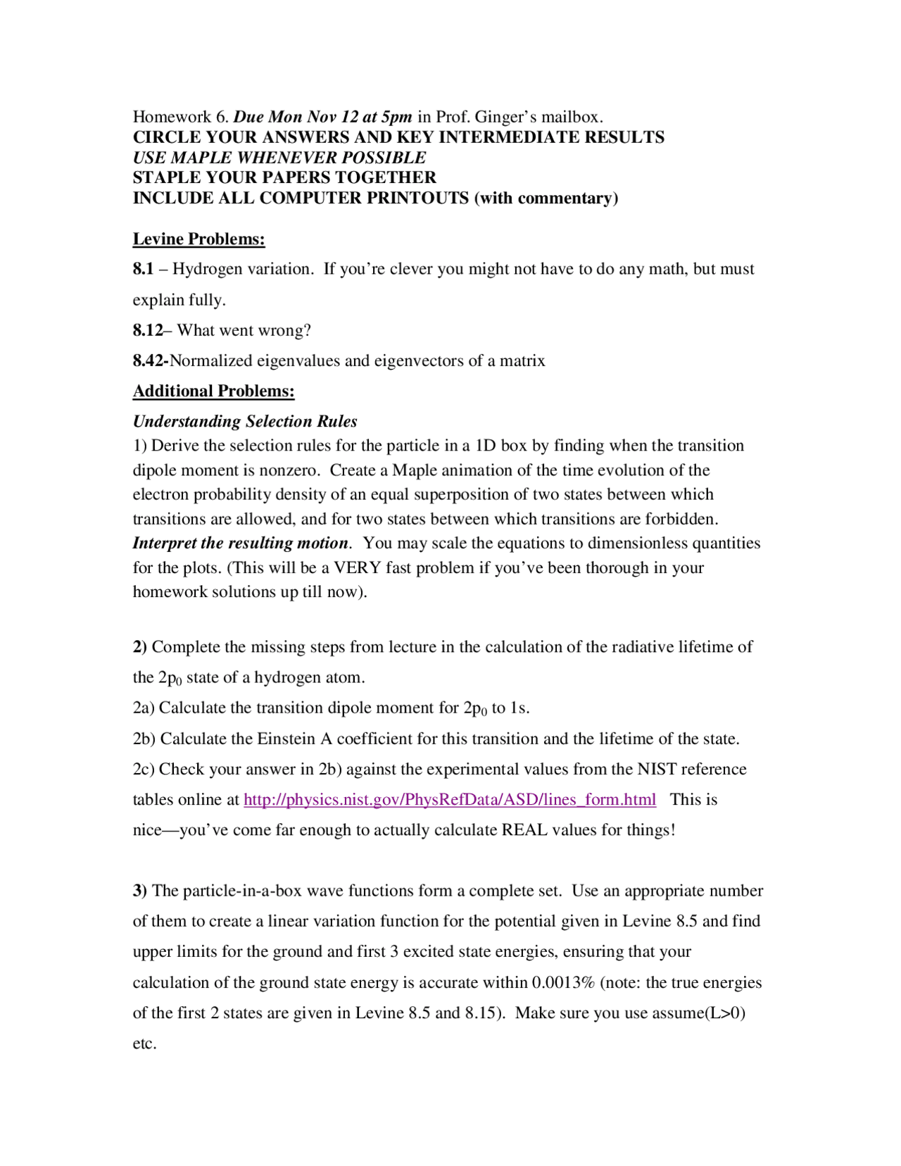 Homework 6 Introduction Quantum Chemistry Chem 550 Docsity
