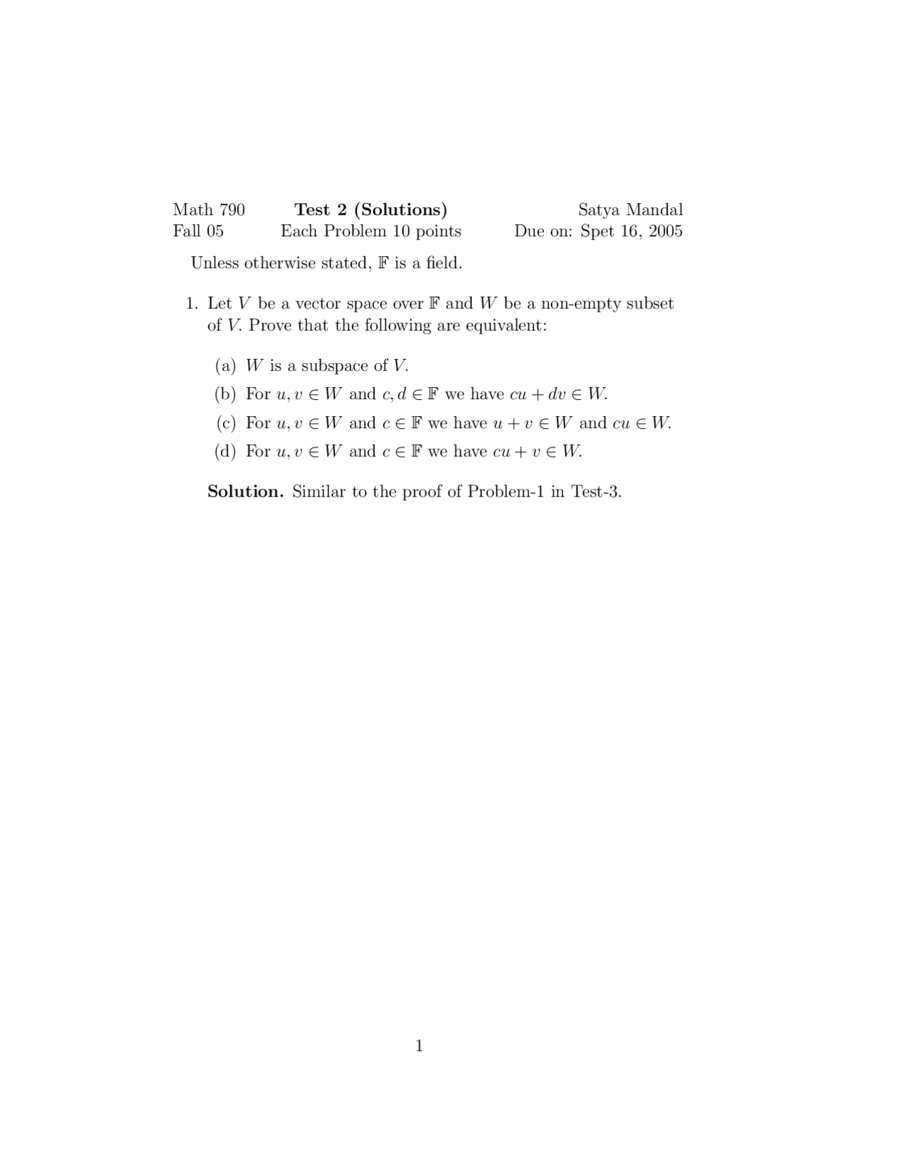 Linear Algebra Ii Solutions For Test 2 Math 790 Docsity