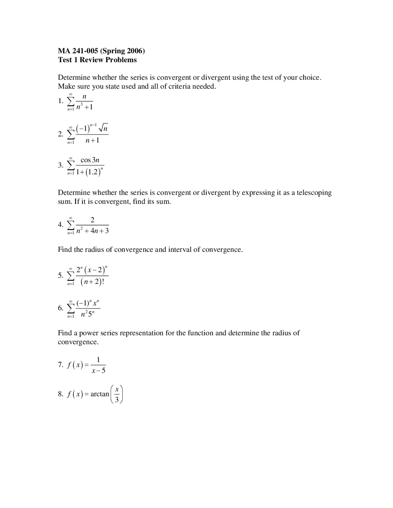 Calculus Ii Test 1 Review Problems Ma 241 Docsity