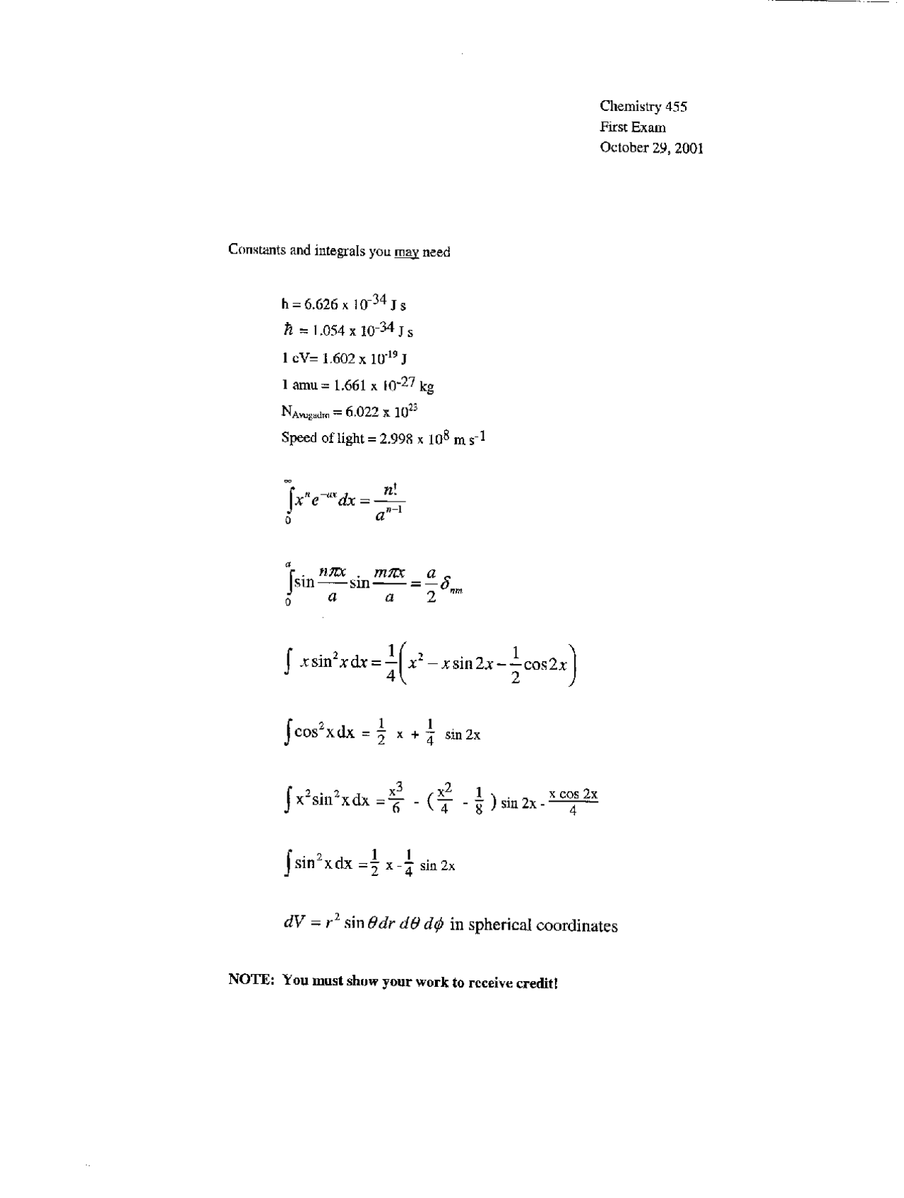 Solution For Exam 1 Questions Physical Chemistry Chem 455 Docsity