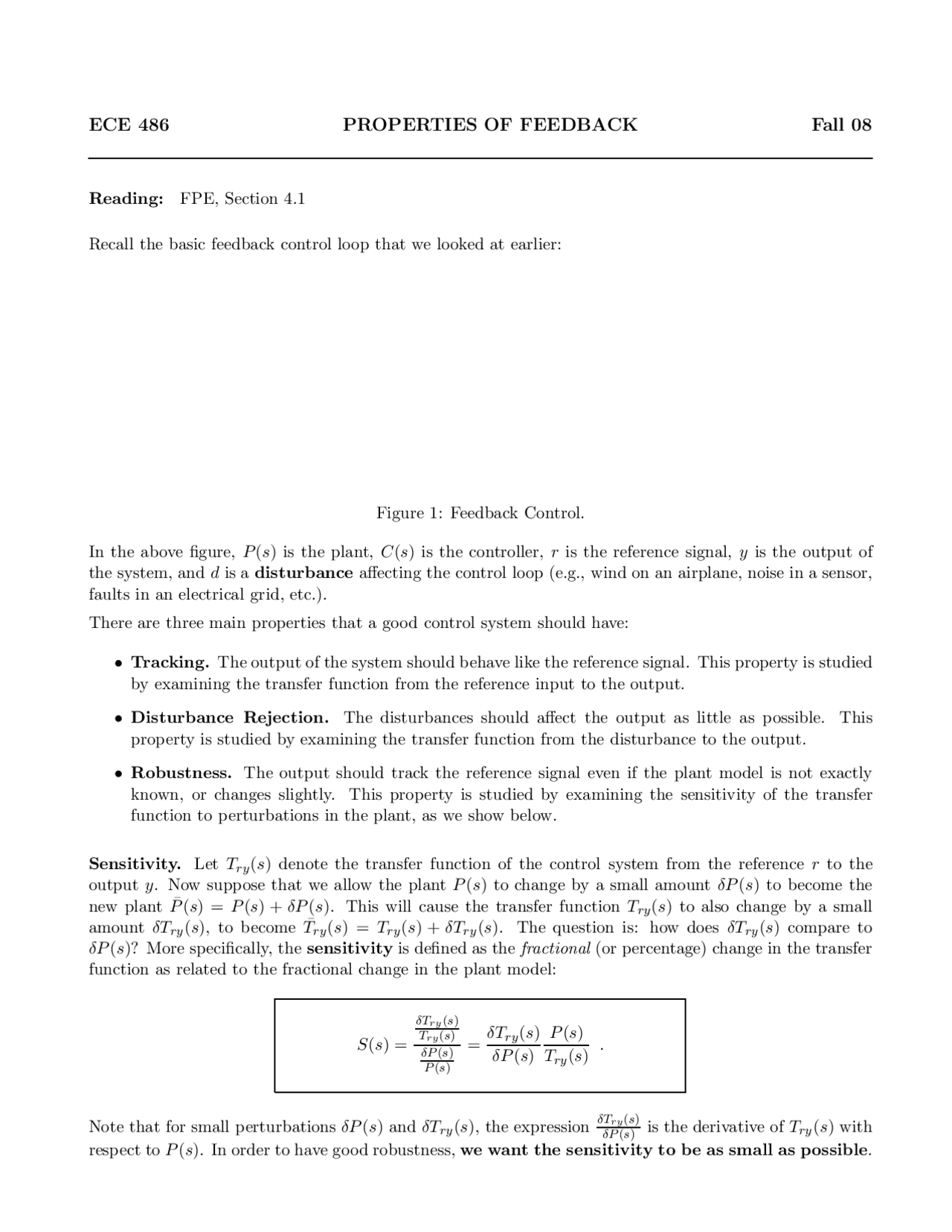 Notes On Basic Properties Of Feedback Control Control Systems Ece