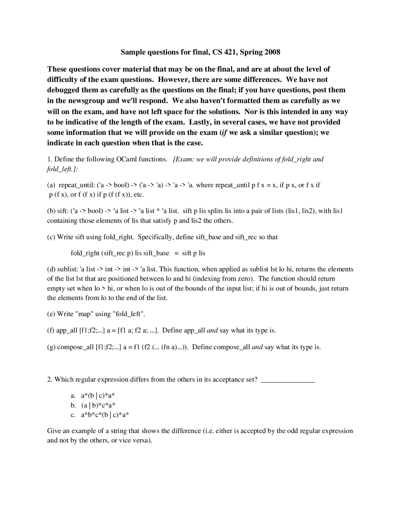 Sample Questions For Final Exam Programming Languages And Compilers