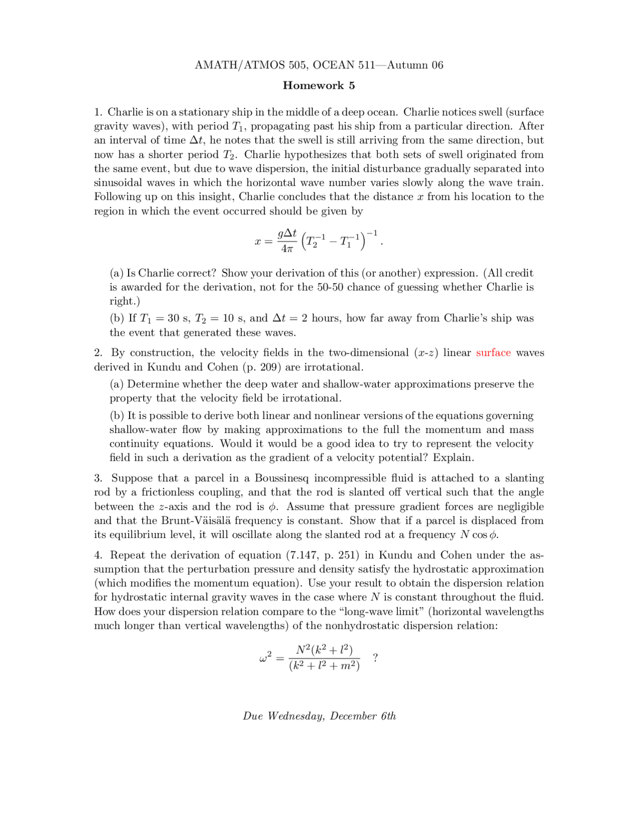 Practice Questions For Homework 5 Fluid Dynamics Ocean 511 Docsity