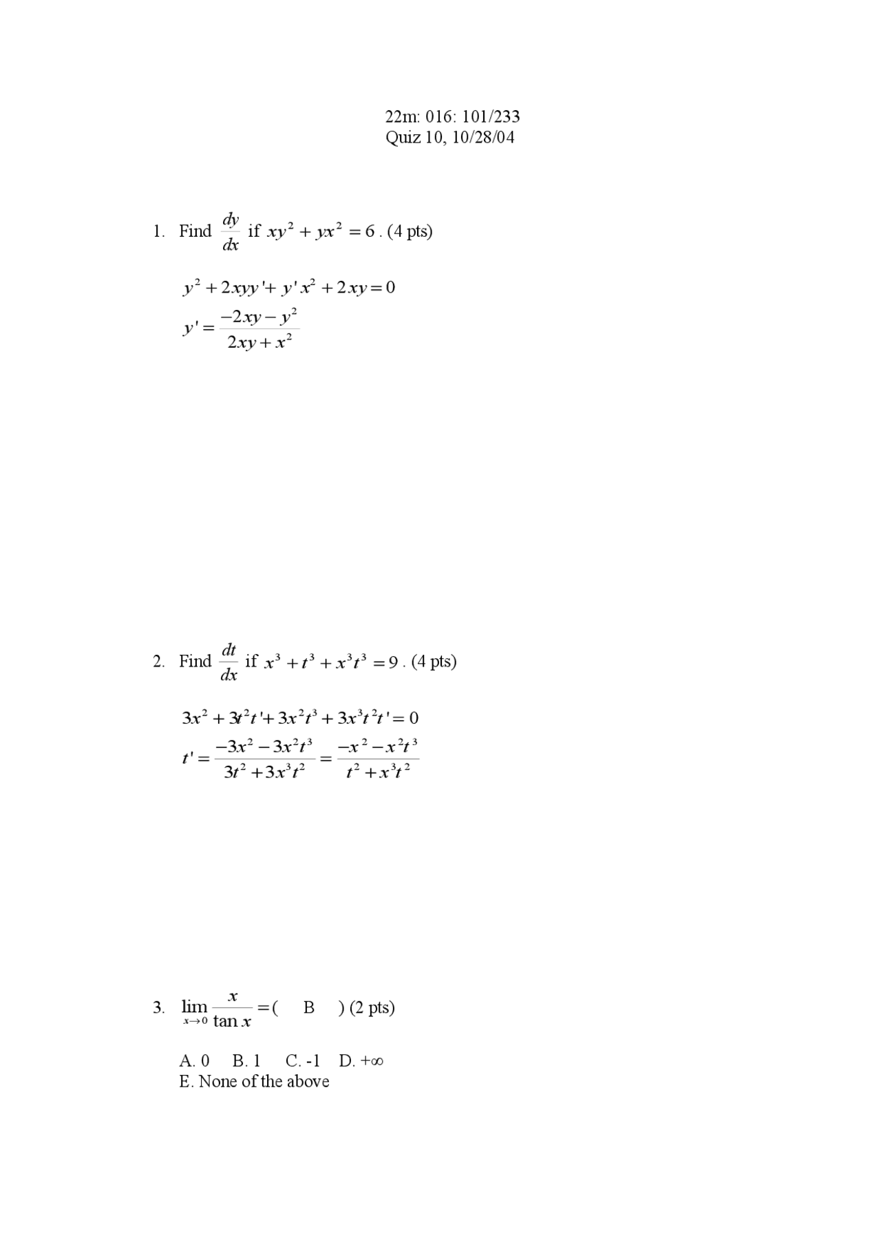 Solved Quiz 10 Calculus For The Biological Sciences 22m 016 Docsity