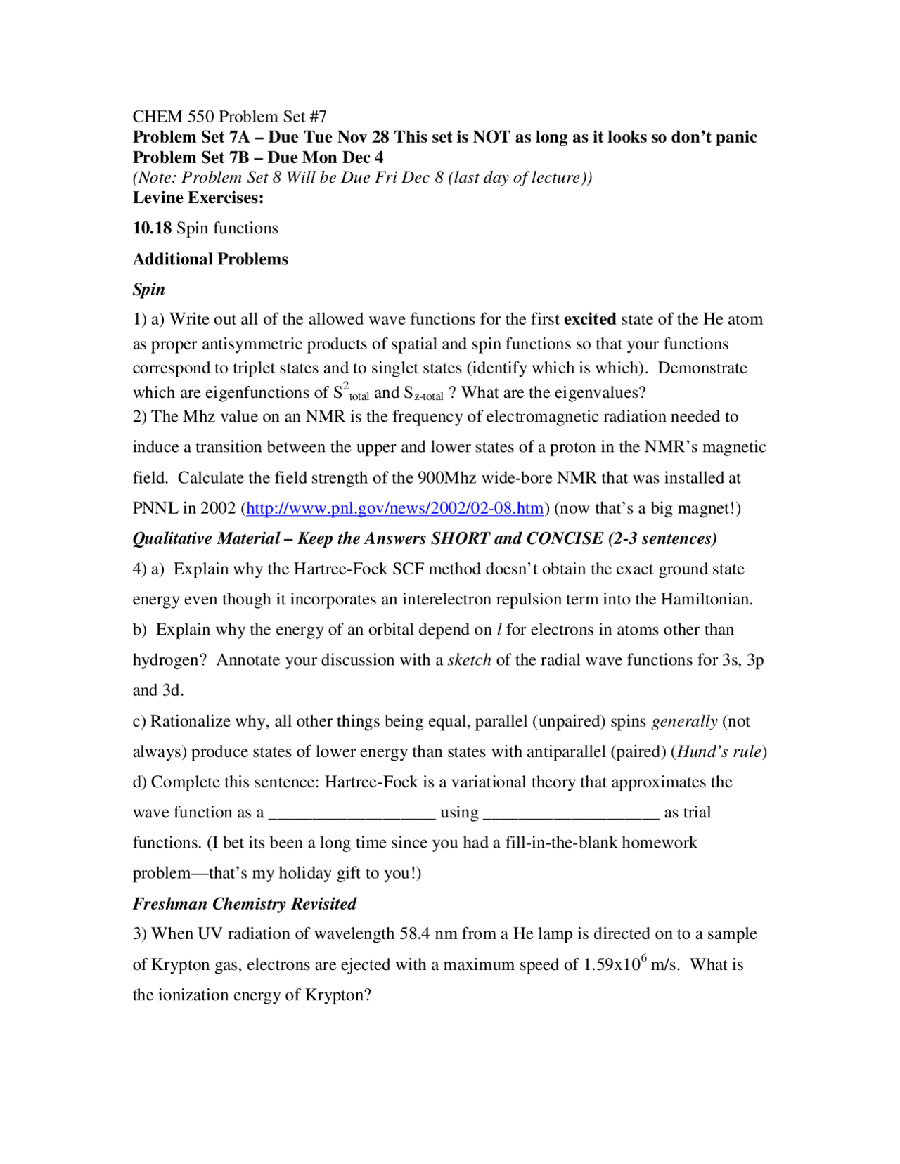 Introduction Quantum Chemistry Problem Set 7 Chem 550 Docsity