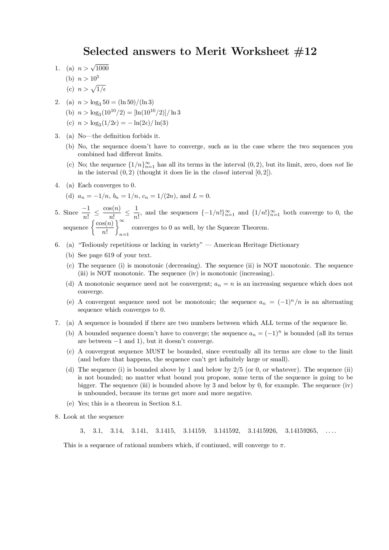 Solved Questions For Merit Worksheet 12 Calculus I Math 231 Docsity