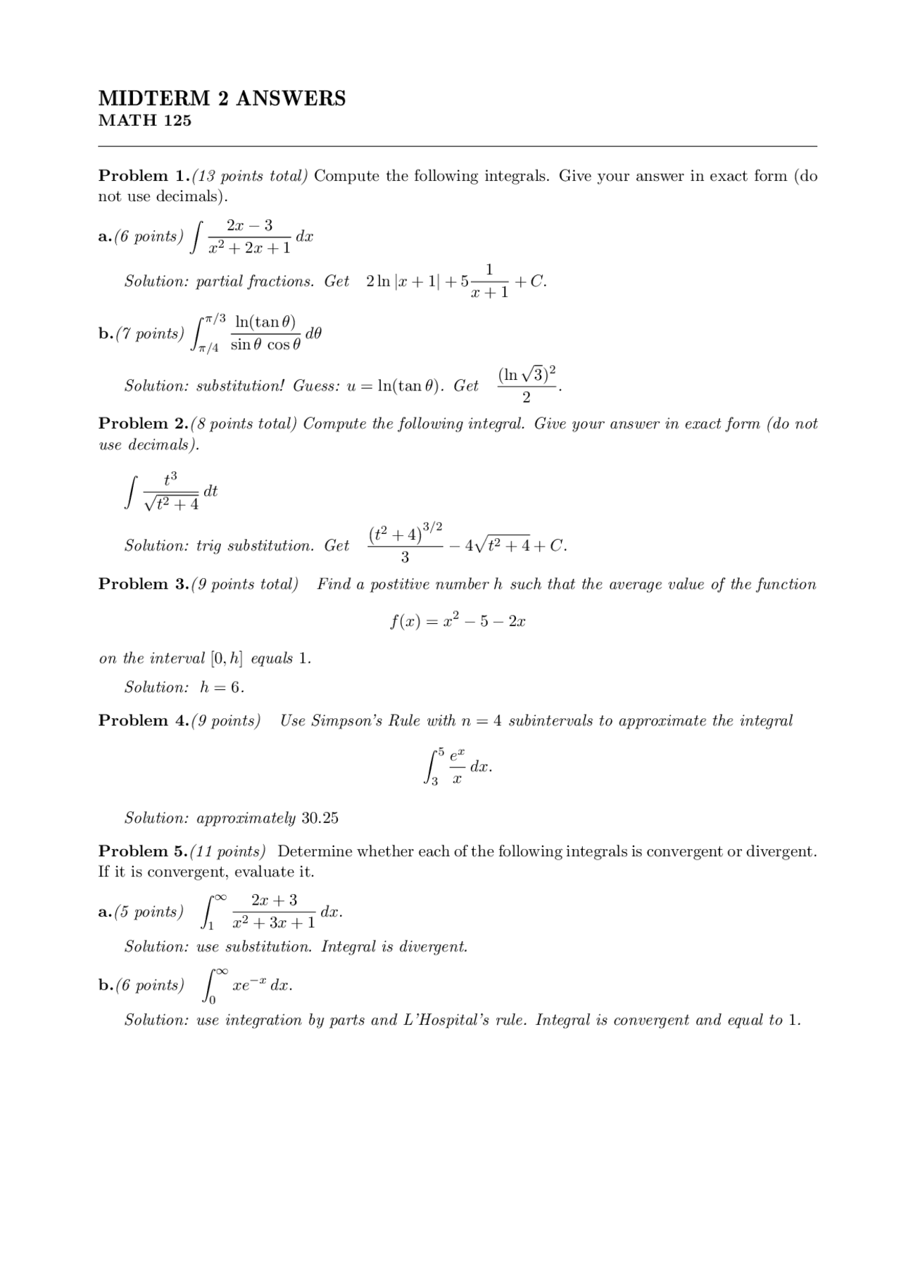 MIDTERM 2 Answers for Math 125: Integration Problems and Solutions | Exams Analytical Geometry ...