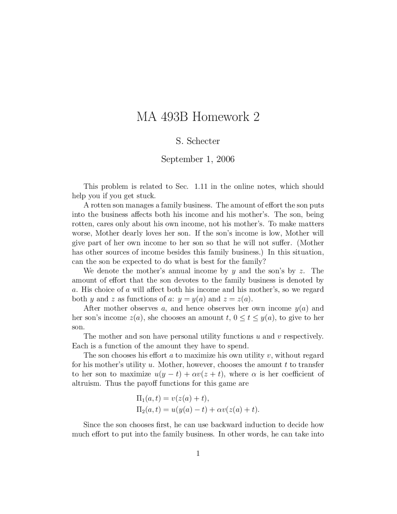 Homework 2 Questions For Game Theory Fall 2006 Ma 493b Docsity