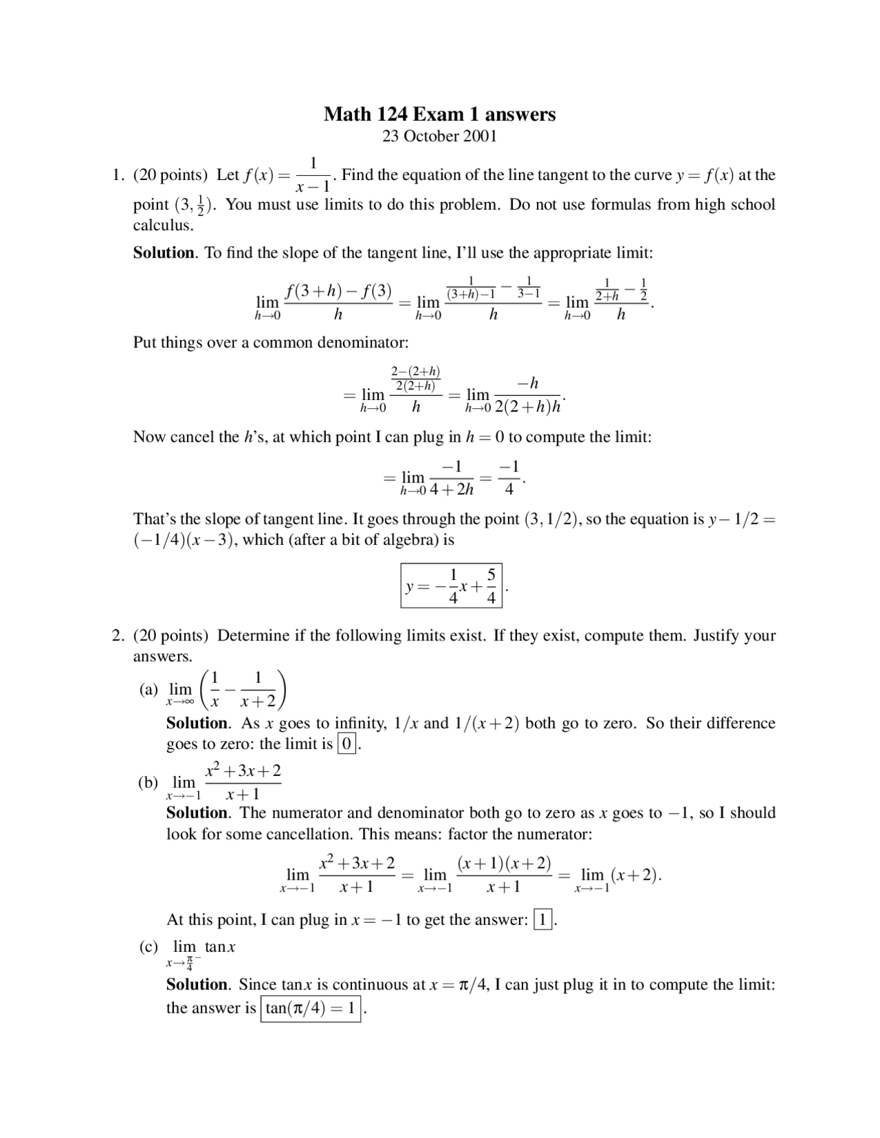 Exam 1 Questions with Solutions - Calculus Analytical Geometry I | MATH ...