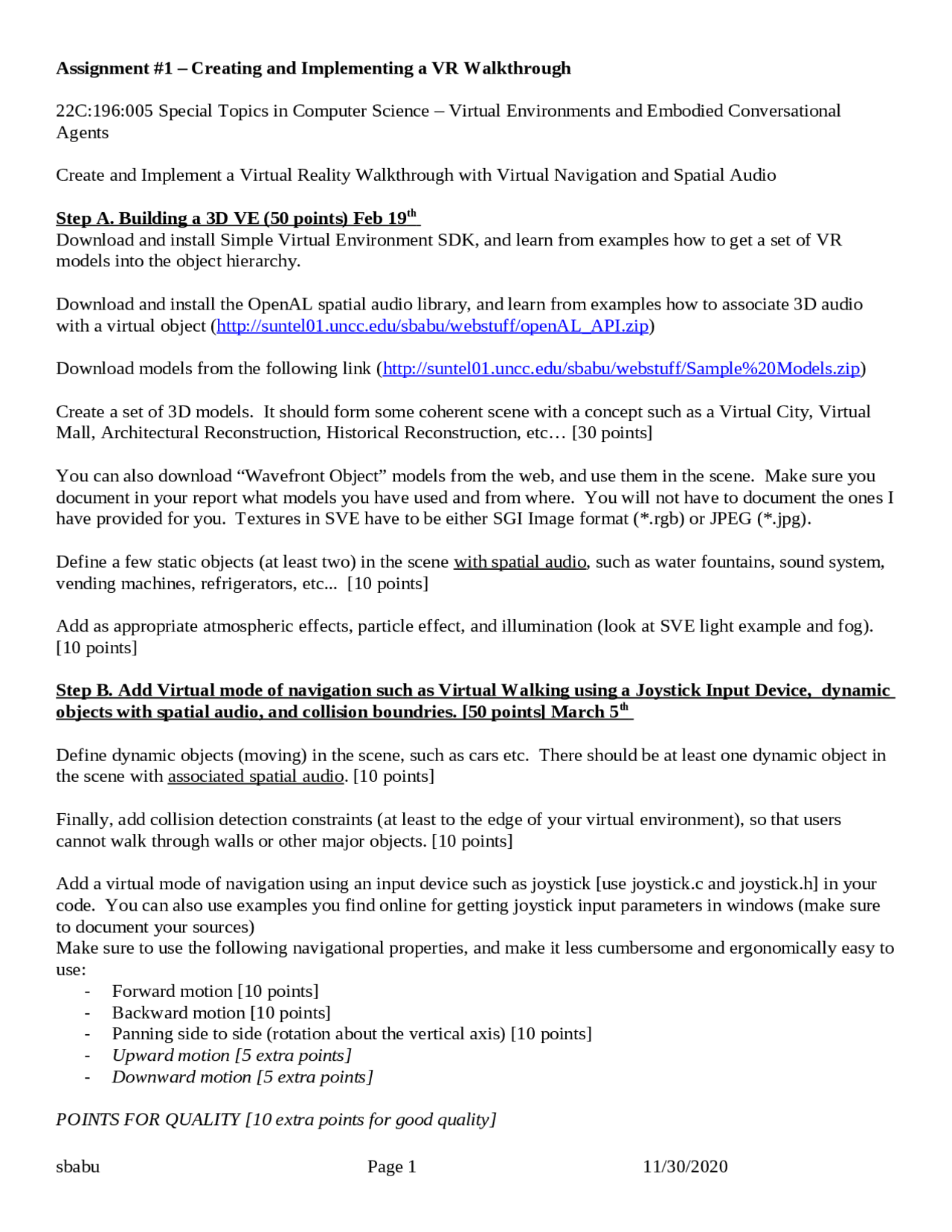 Creating and Implementing a VR Walkthrough - Assignment 1 | 22C 196 - Docsity