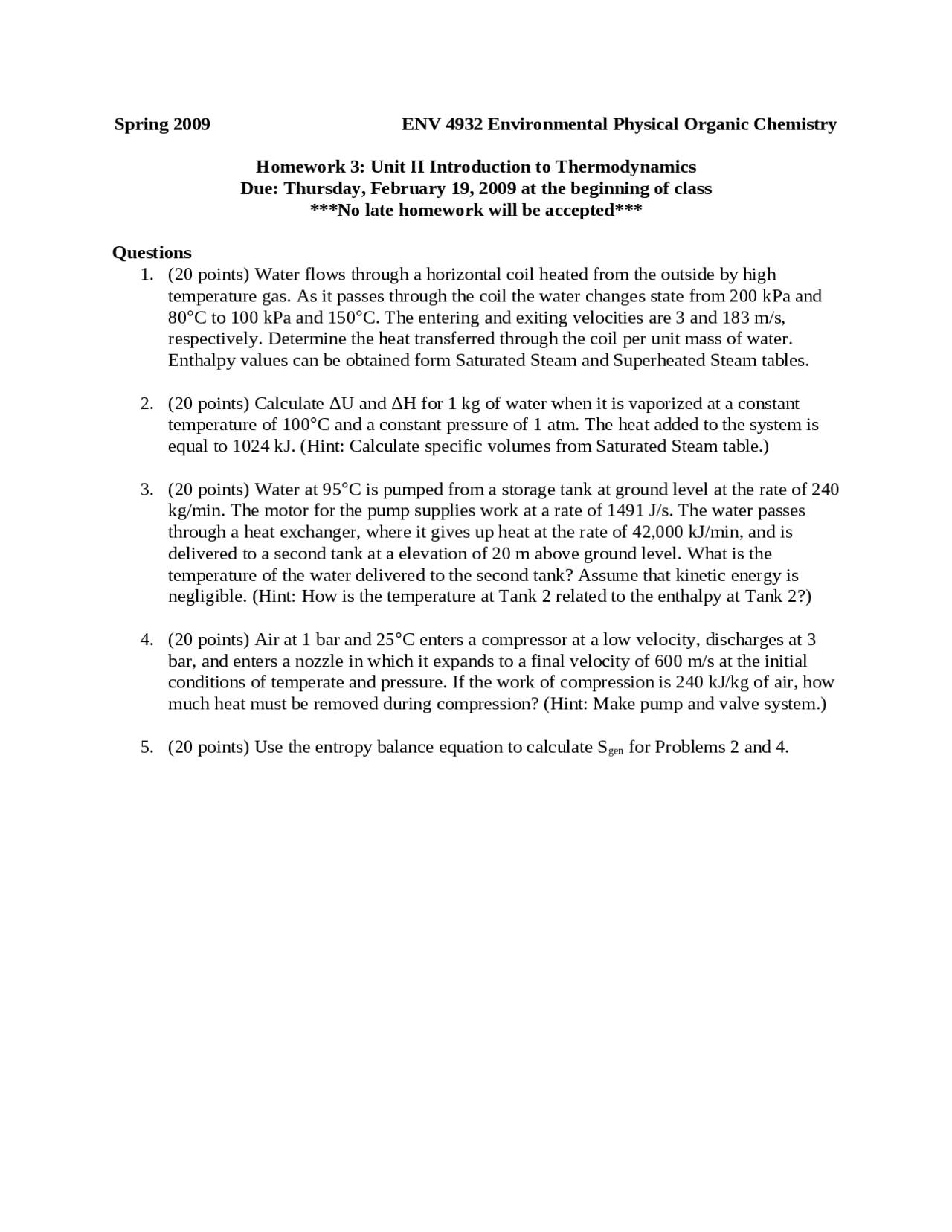 Homework 3 Introduction To Thermodynamics Env 4932 Docsity