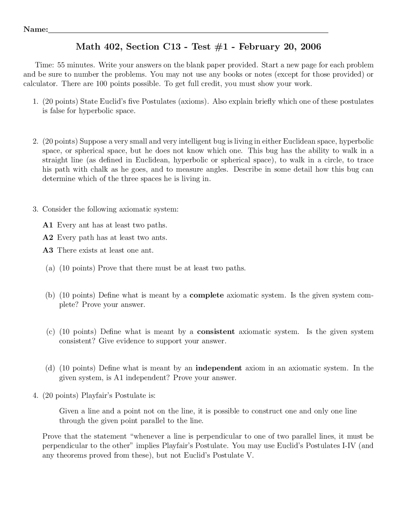 4 Problems On Non Euclidean Geometry Exam 1 Math 402 Docsity
