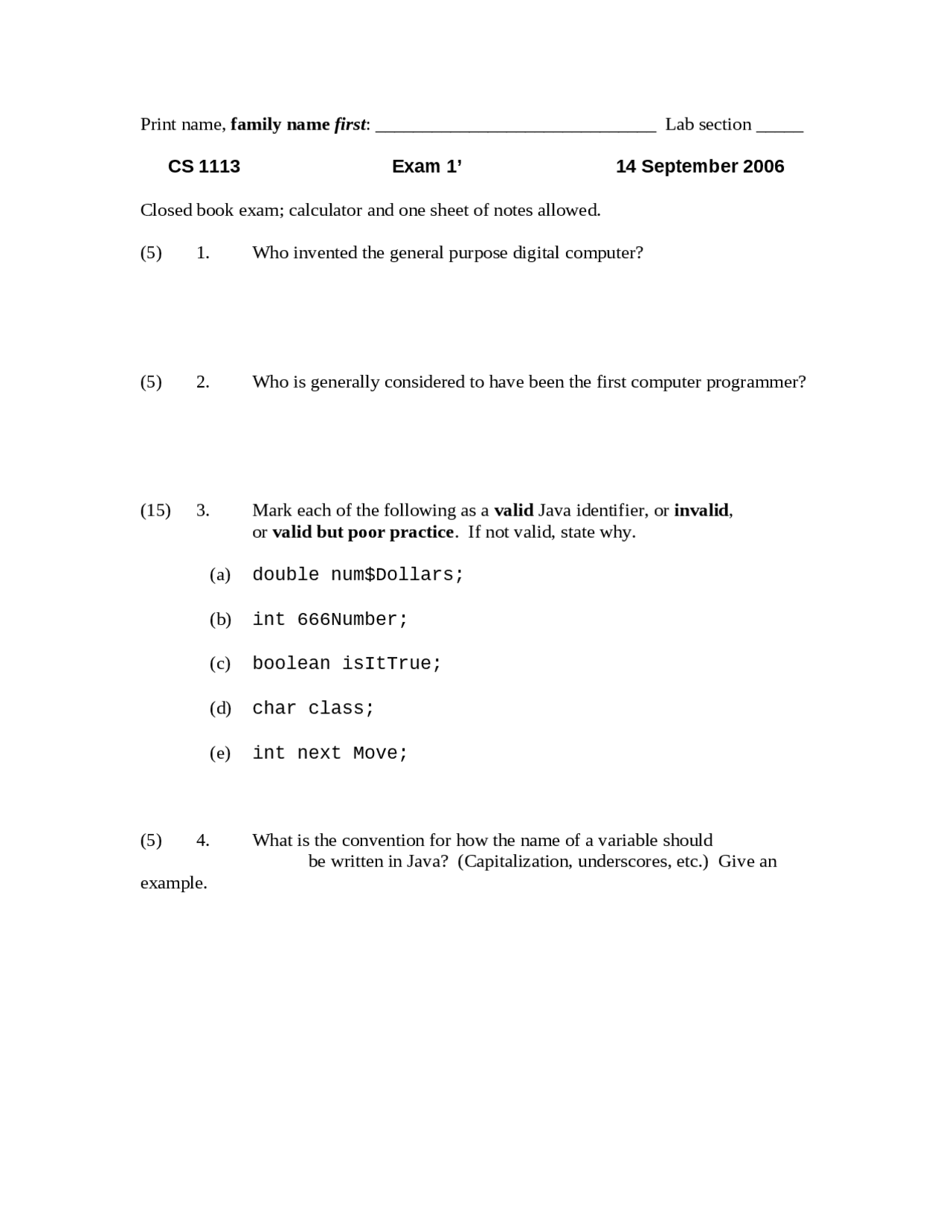 Exam 1 Questions Computer Science I Cs 1113 Docsity