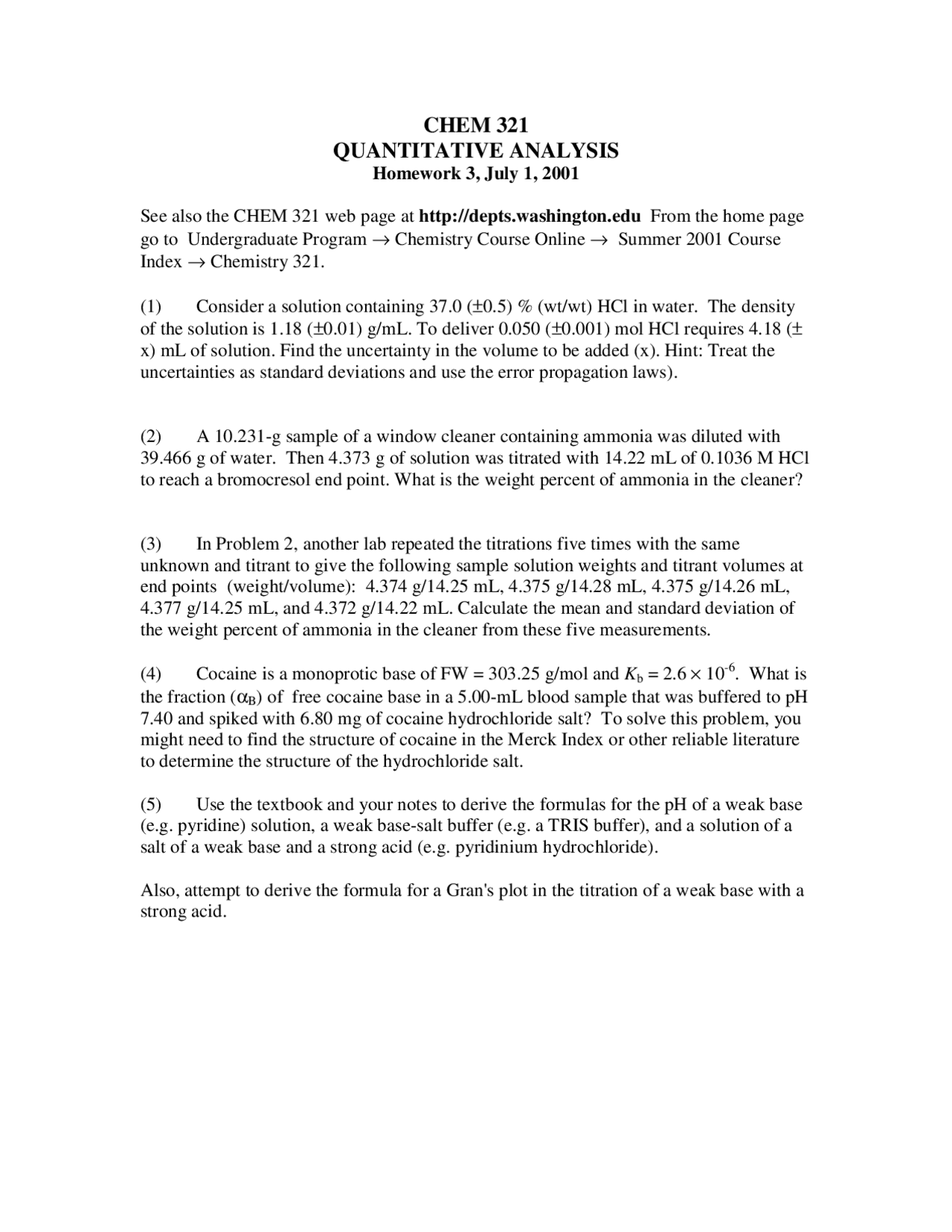 Homework 3 Questions Quantitative Analysis Chem 321 Docsity