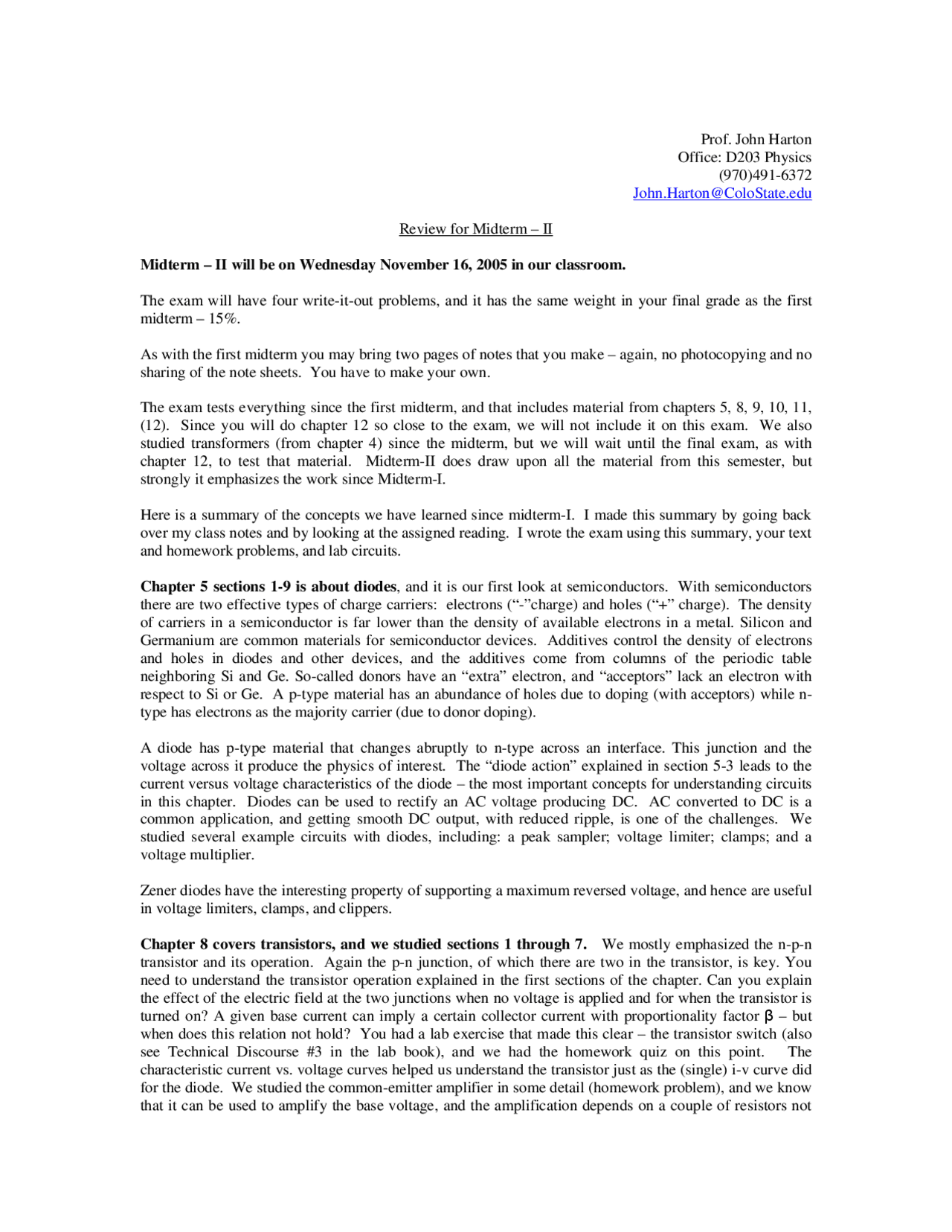 Introduction to Electronics - Review Sheet | PH 245 | Study notes Basic ...