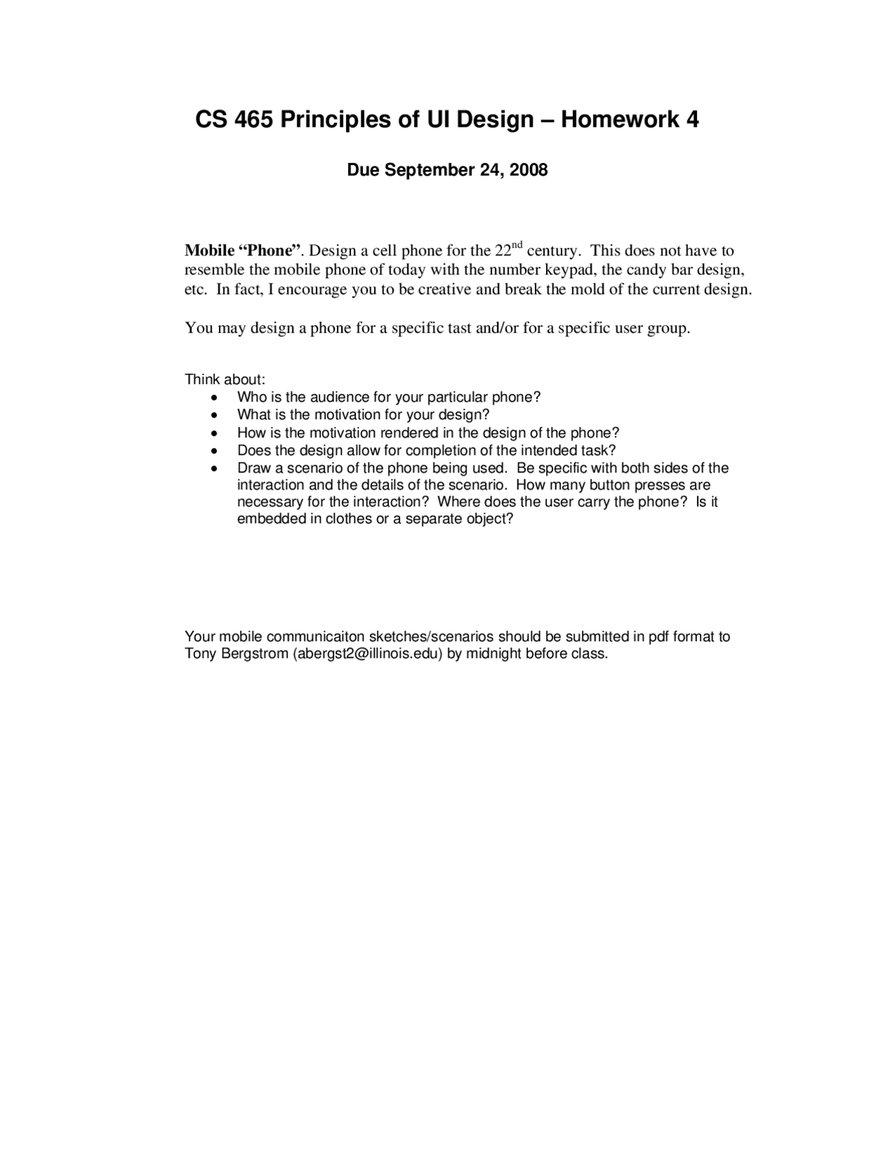 Homework 4 for Principles of UI Design - Fall 2008 | CS 465 - Docsity