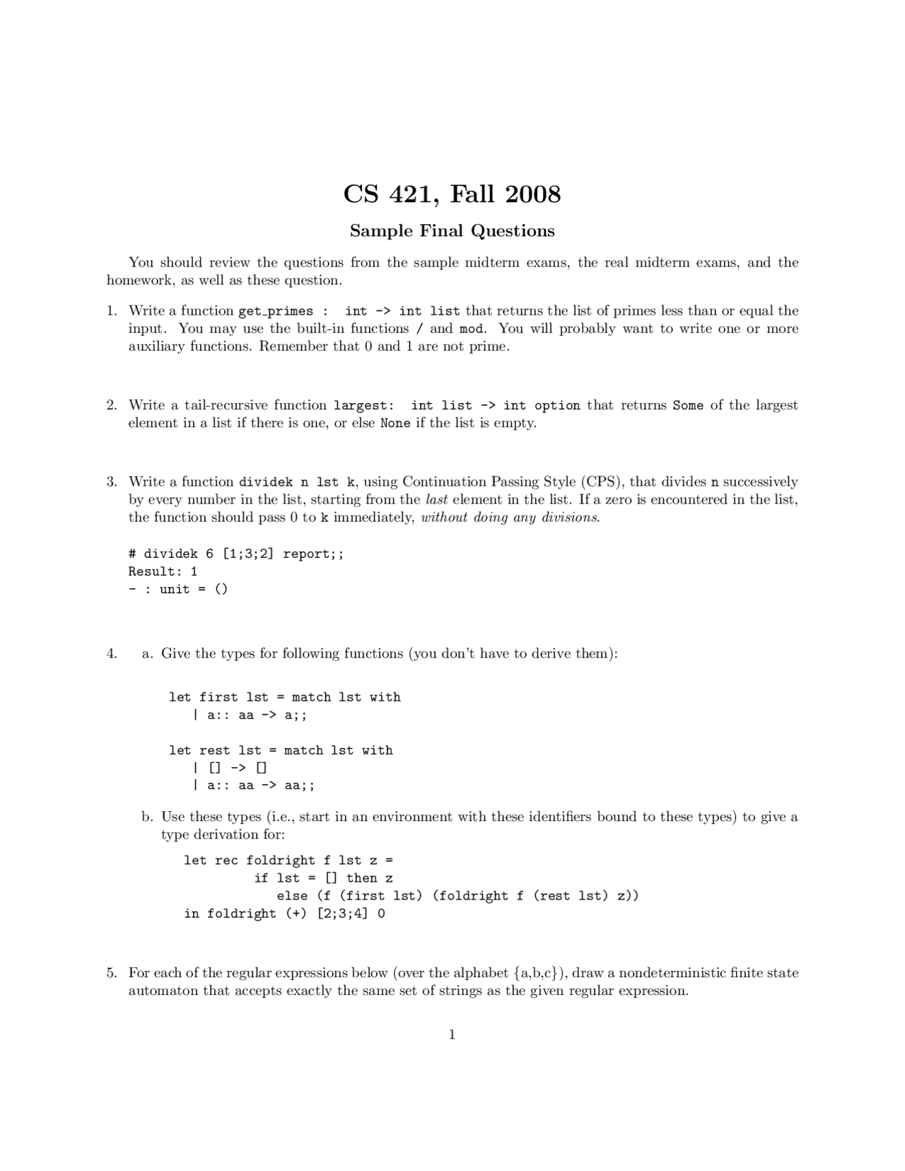 Final Examination Questions Programming Languages And Compilers Cs 421 Docsity