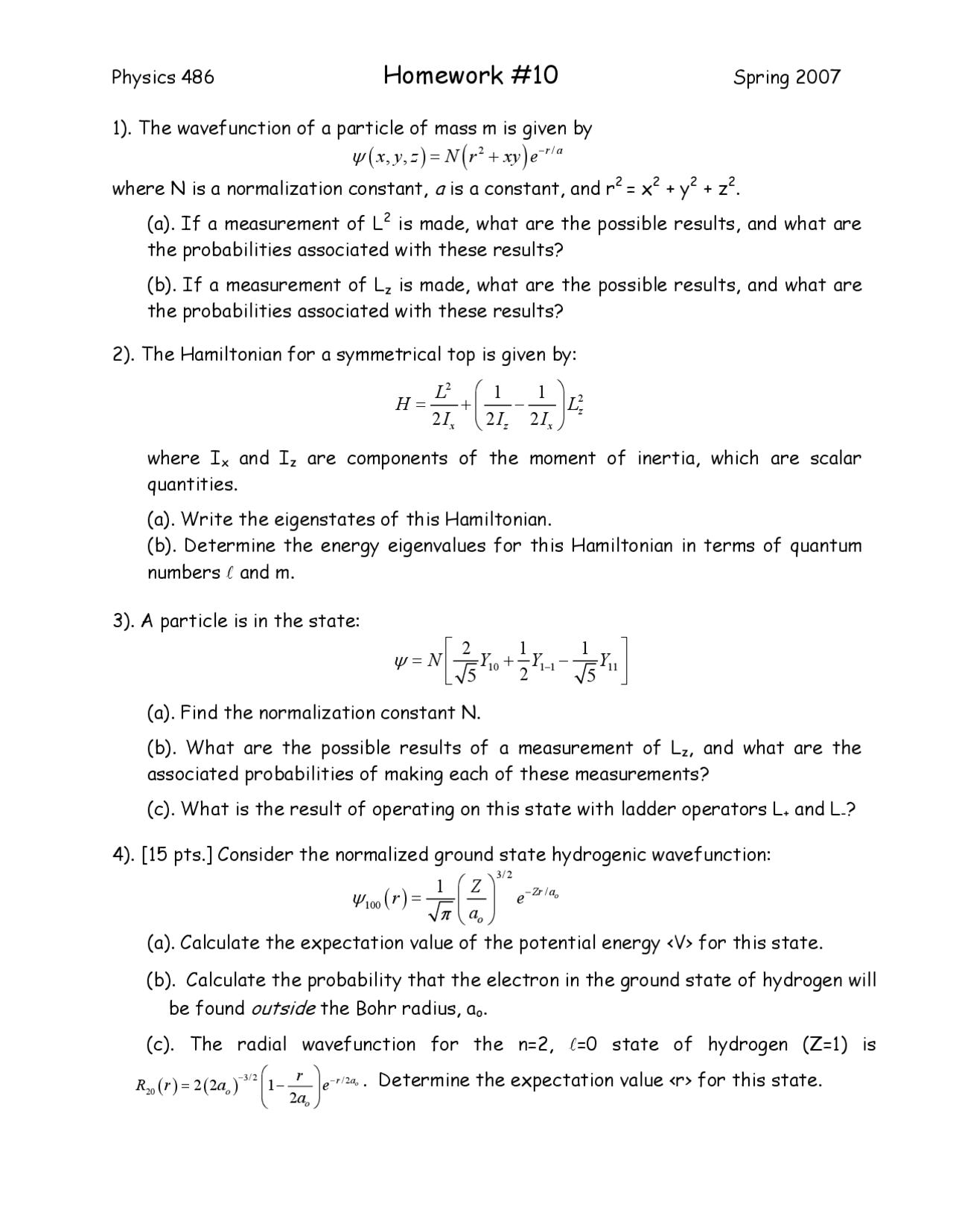 Homework 10 Questions - Quantum Physics I | PHYS 486 - Docsity