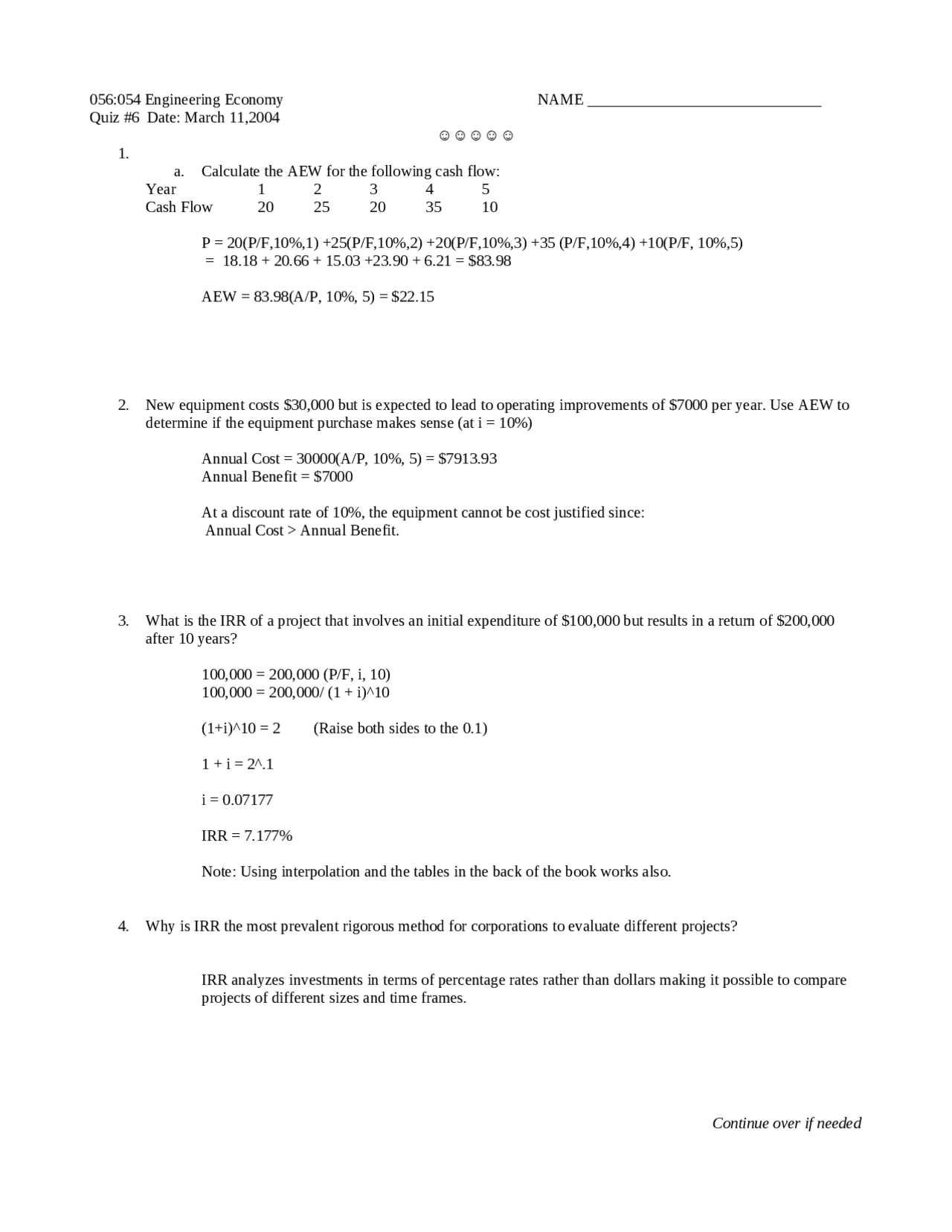 4 Practice Problems On Engineering Economy Quiz 6 056 054 Docsity
