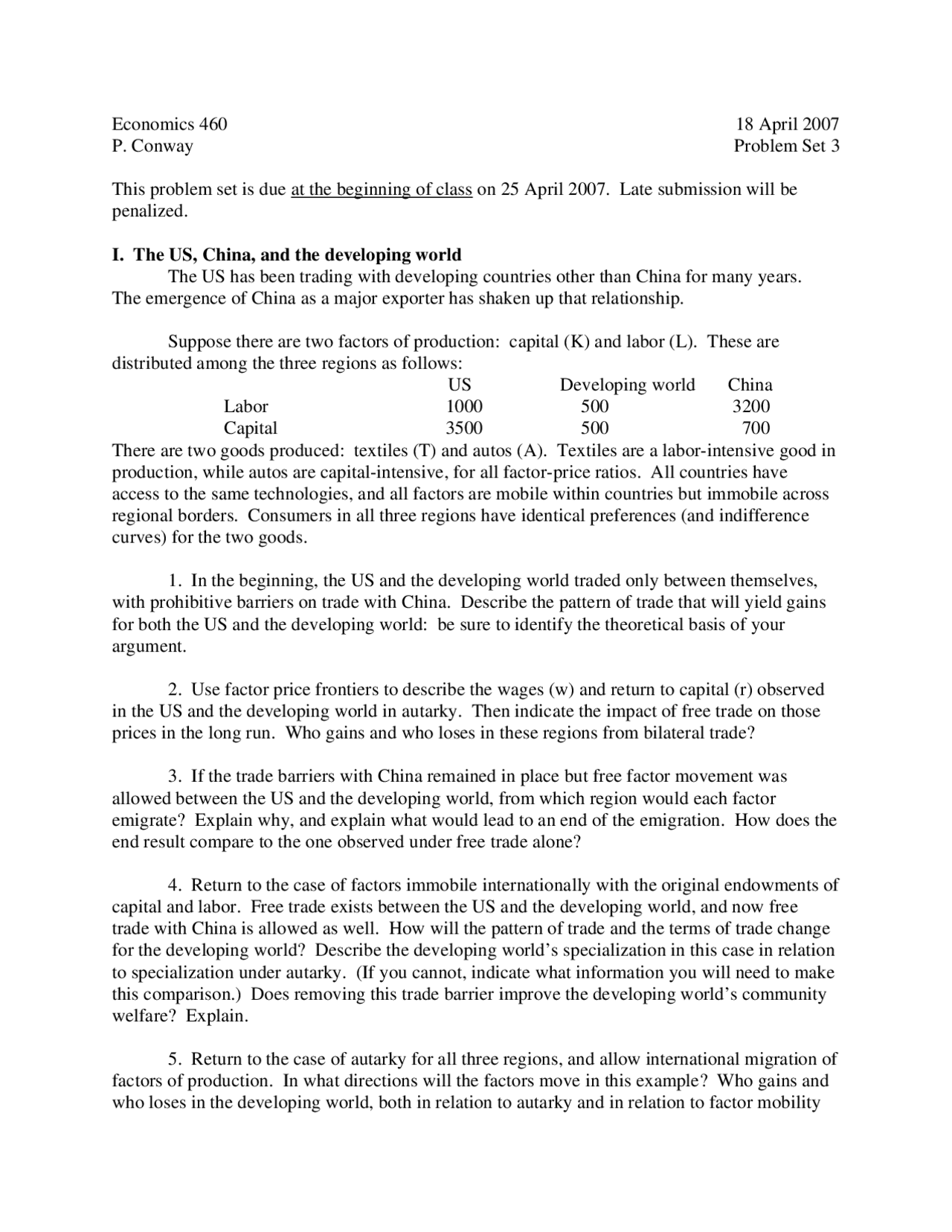 Problem Set 3 International Economics Econ 460 Docsity
