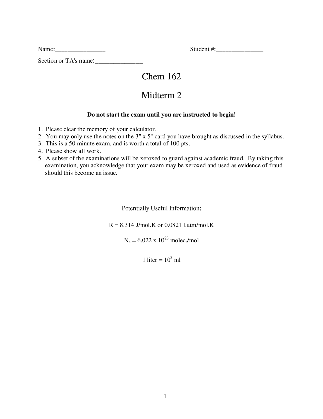 Midterm Exam 2 Questions - General Chemistry | CHEM 162 | Exams ...