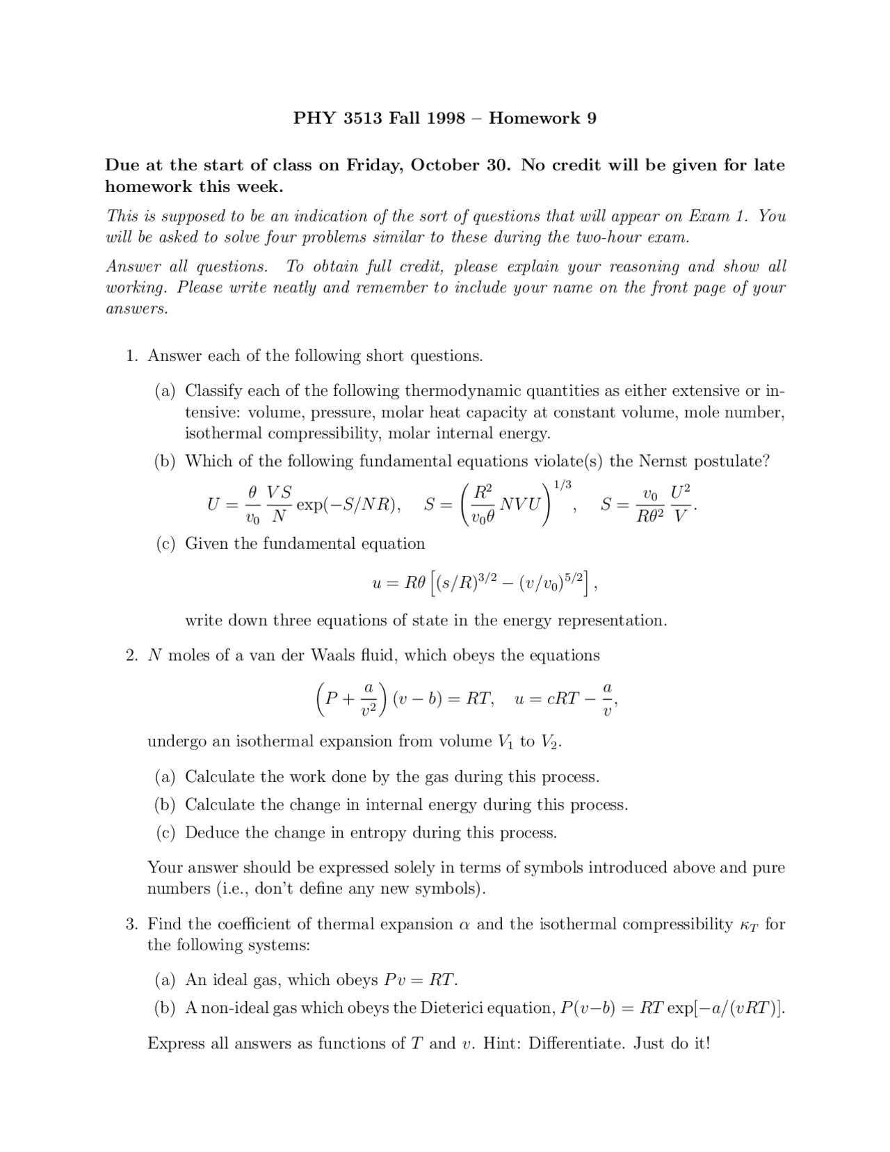 Assignment 9 For Thermal Physics Fall 1998 Phy 3513 Docsity