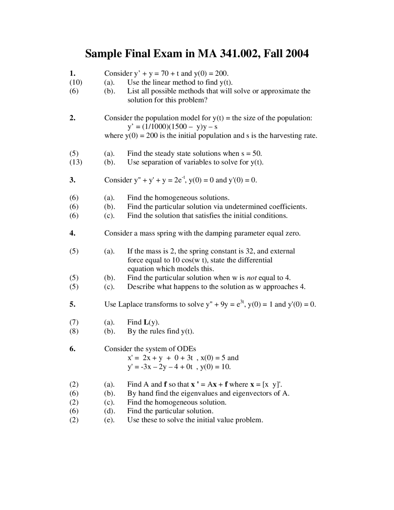 Sample Final Exam In Ma Applied Differential Equations I Ma 341