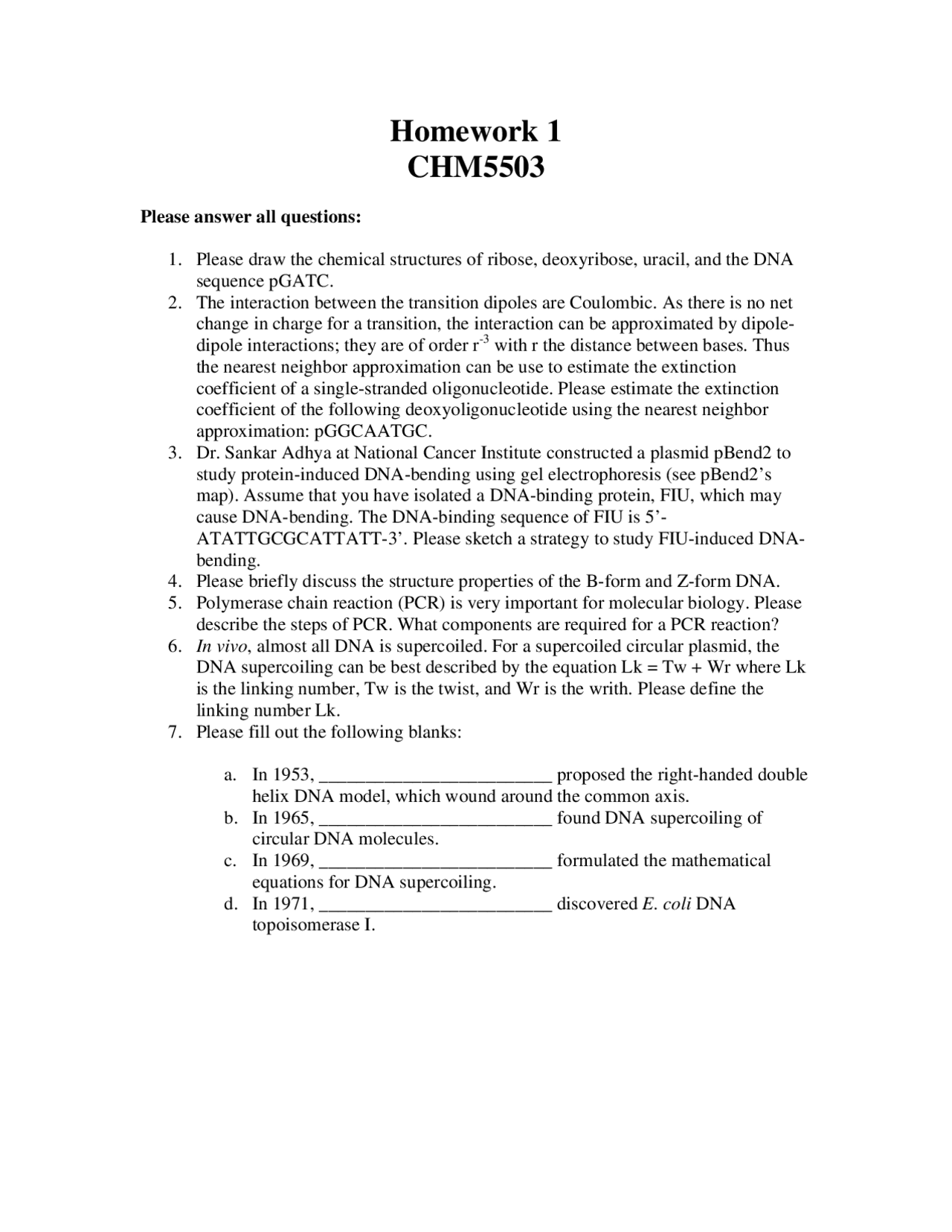 Chromosomal Nucleic Acids Homework 1 Chm 5503 Docsity