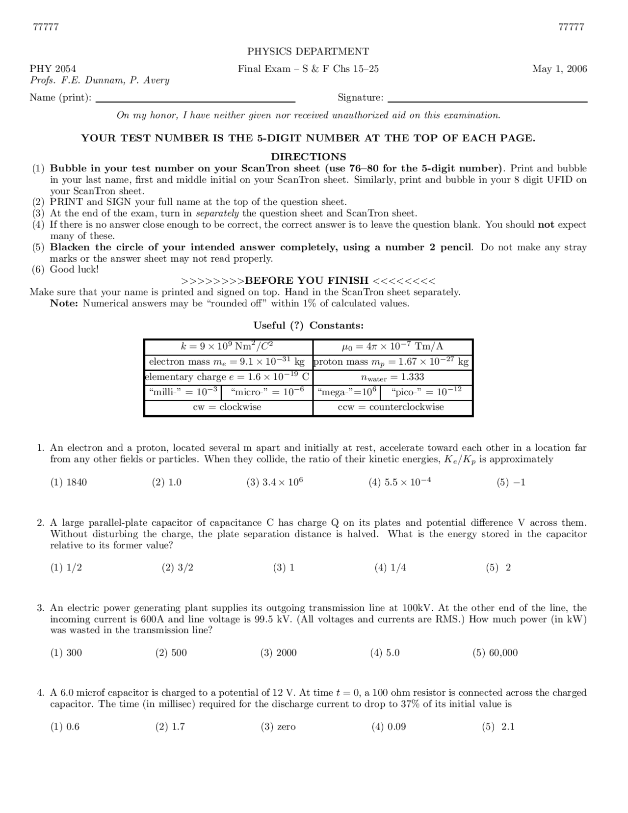 Physics Ii Past Exam Questions 2006 Phy 2054 Docsity
