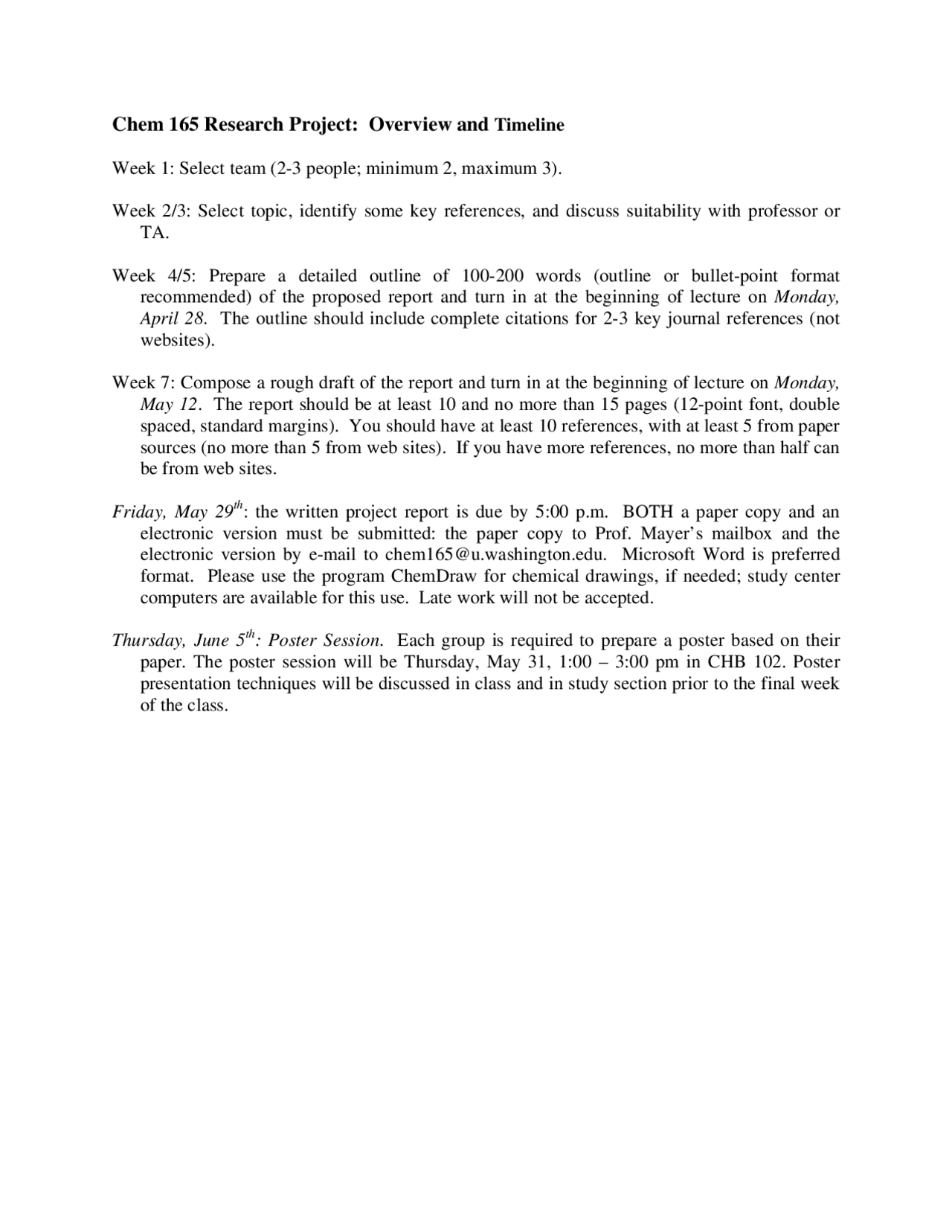 Research Project: Overview - Honors-General Chemistry | CHEM 165 - Docsity