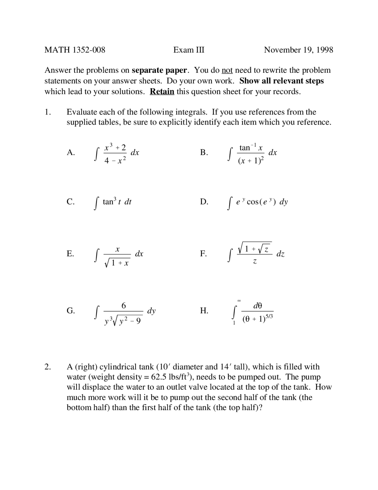 Exam Iii With Questions For Calculus Ii Honors Math 1352 Docsity