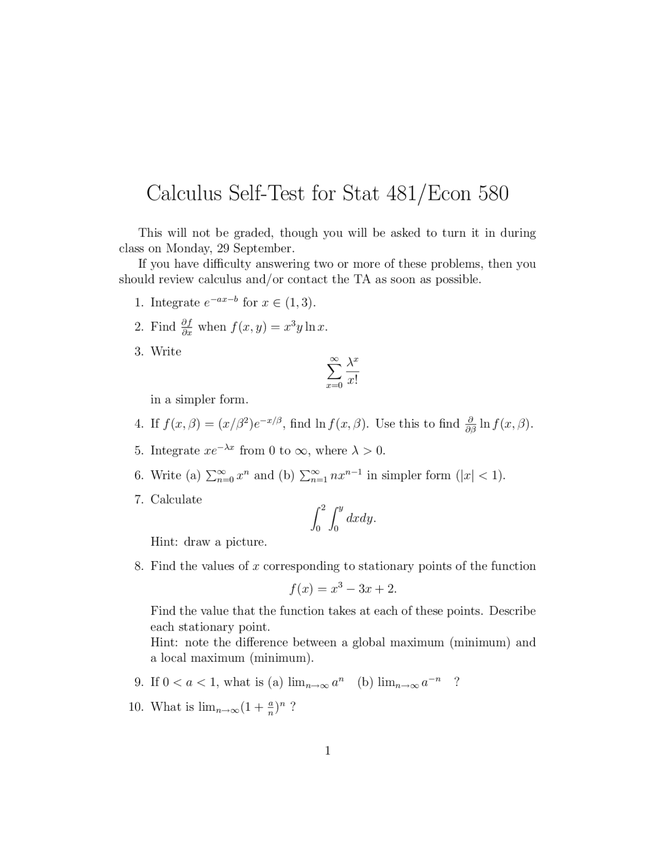 Calculus Self-Test - Introduction to Math Statistics | STAT 481 - Docsity