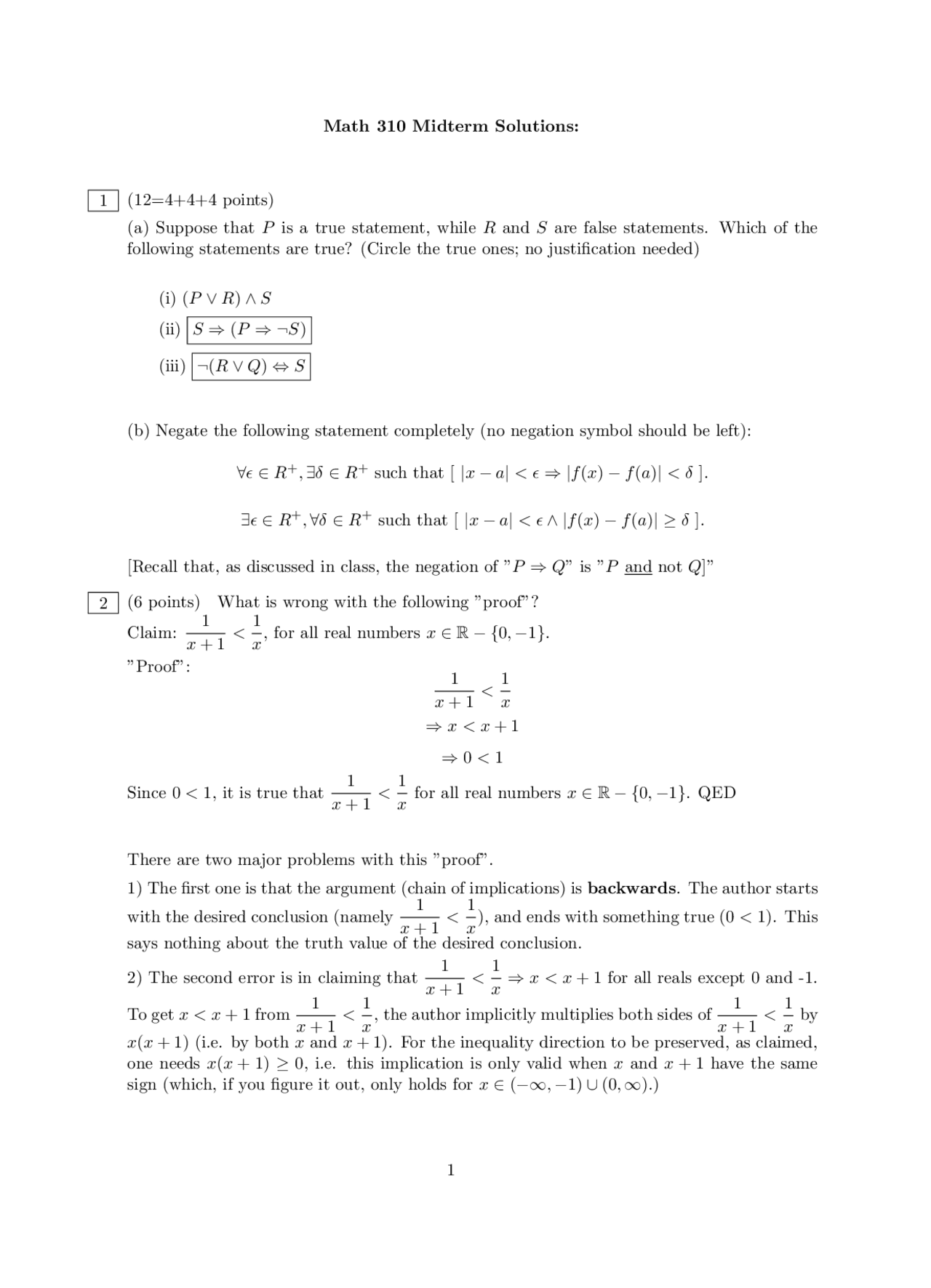 Midterm Solutions - Math Reasoning | MATH 310 - Docsity