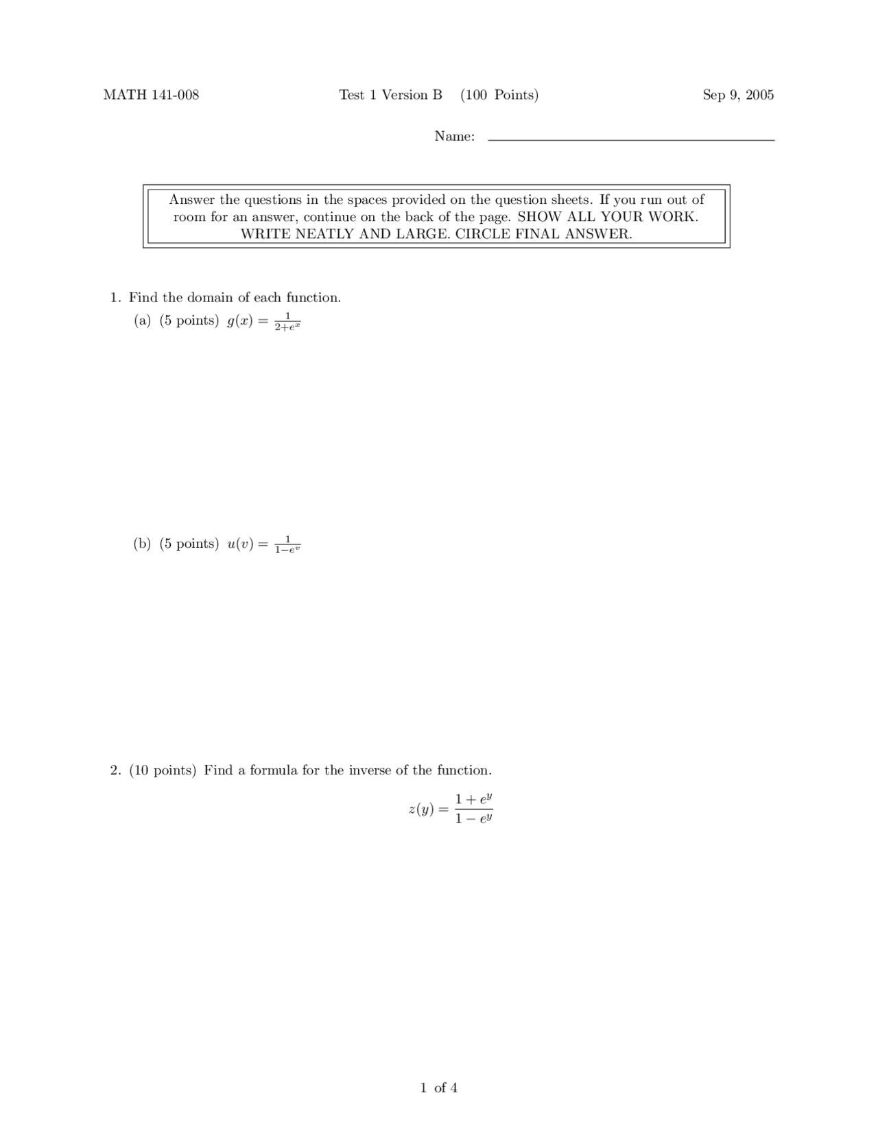 Test 1 Version A Fall 2005 Calculus I Ma 141 Docsity