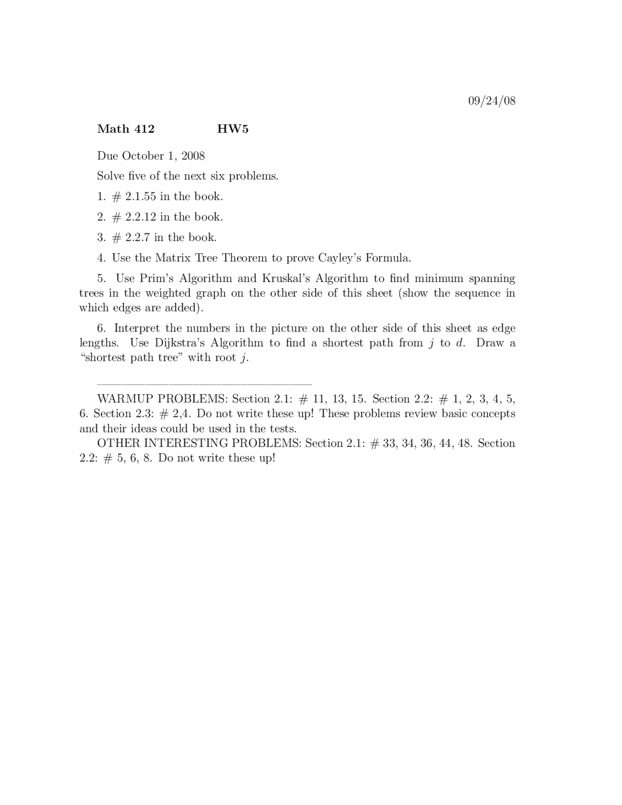 Homework 5 Questions Graph Theory Math 412 Docsity