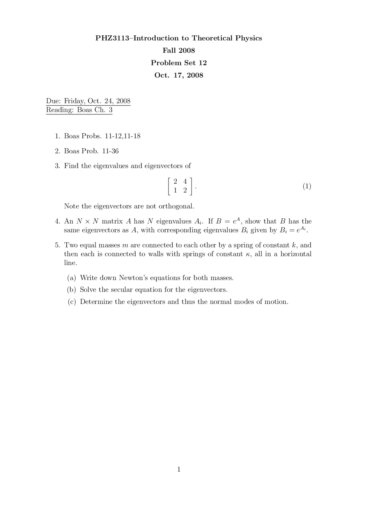 Introduction To Theoretical Physics Problem Set 12 Phz 3113 Docsity