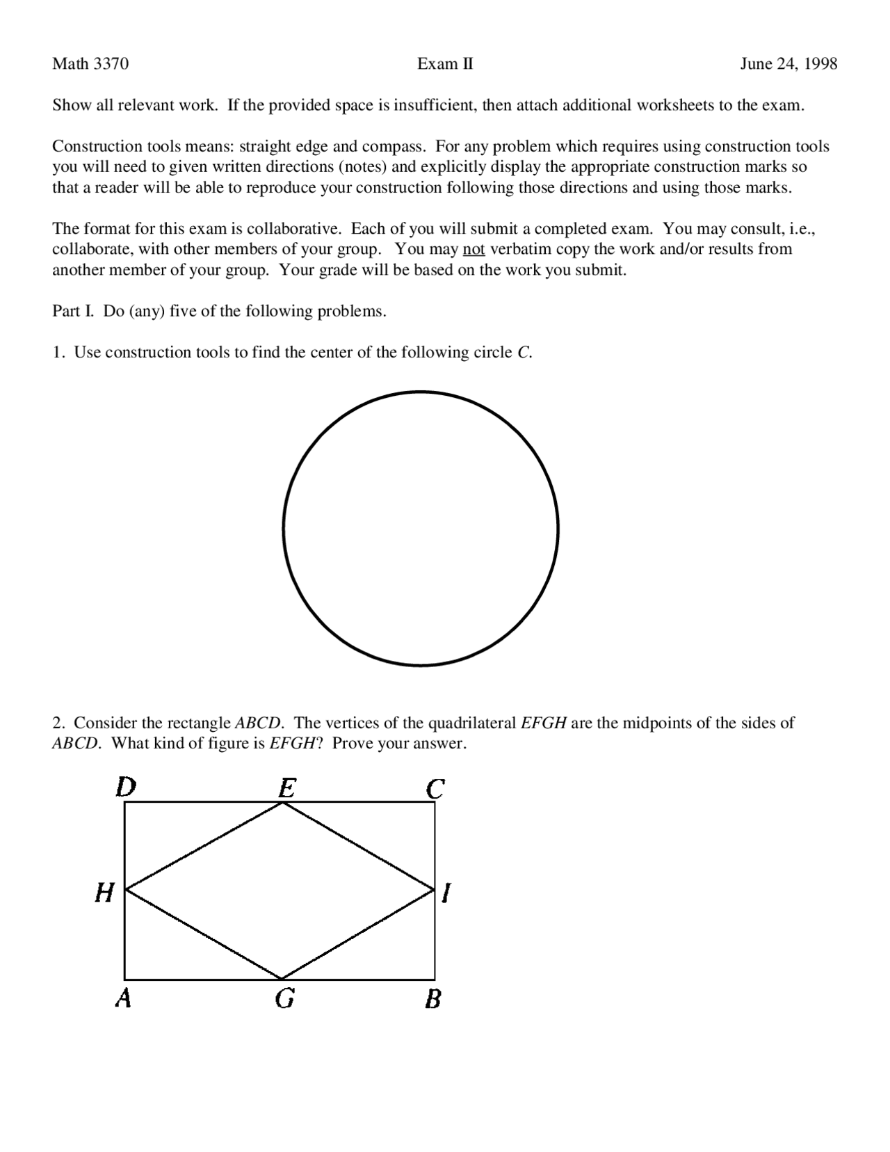 6 Questions In Exam 2 Elementary Geometry Math 3370 Docsity