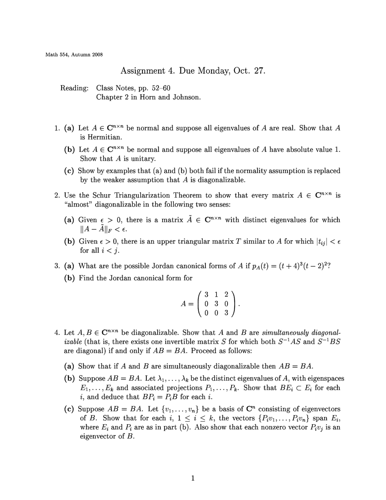 Problems on Triangularization Theorem and Eigenvalues - Assignment | MATH 554 - Docsity