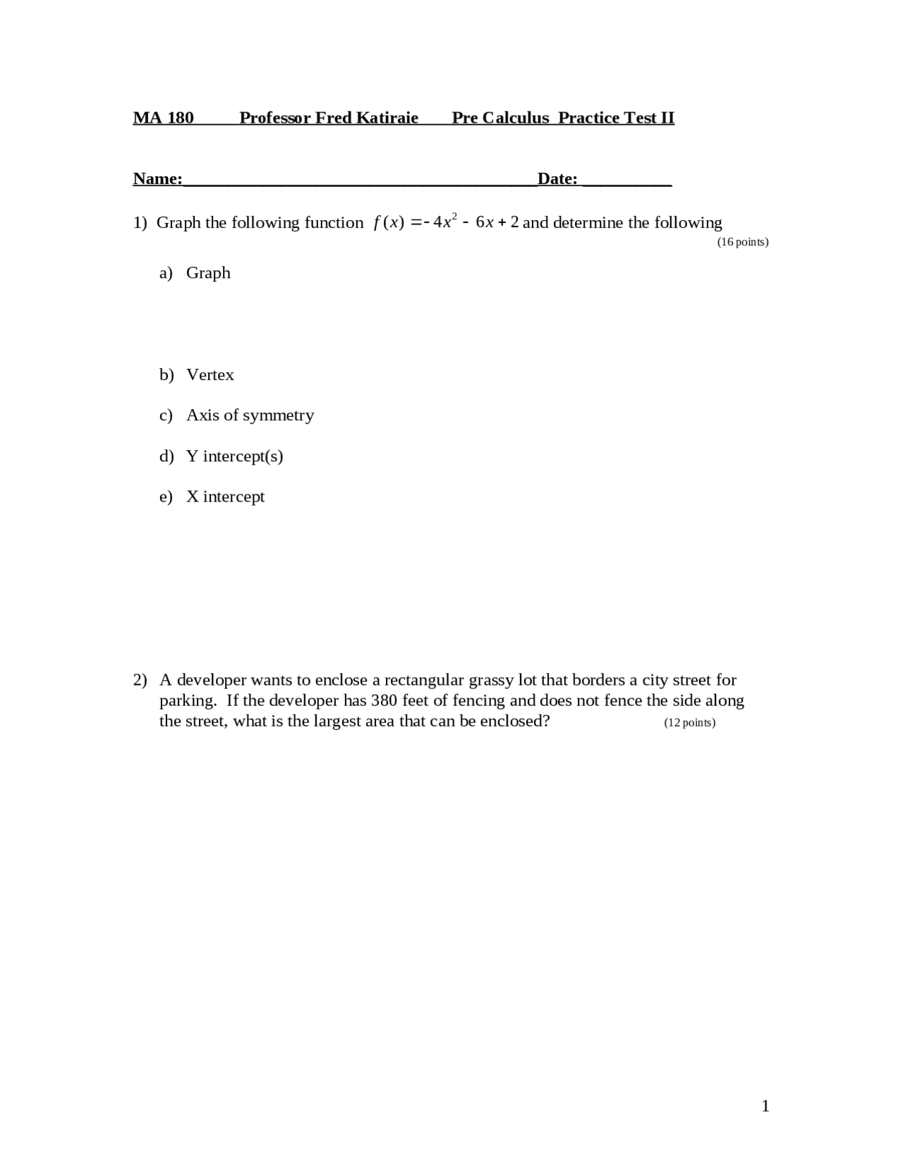 Pre-Calculus Practice Test II: Graphing, Areas, Rational Functions ...
