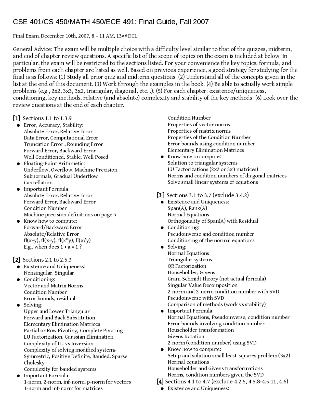 Final Guide for CSE 401, CS 450, MATH 450, ECE 491 Exam, Fall 2007 | Exams Mathematical Methods ...