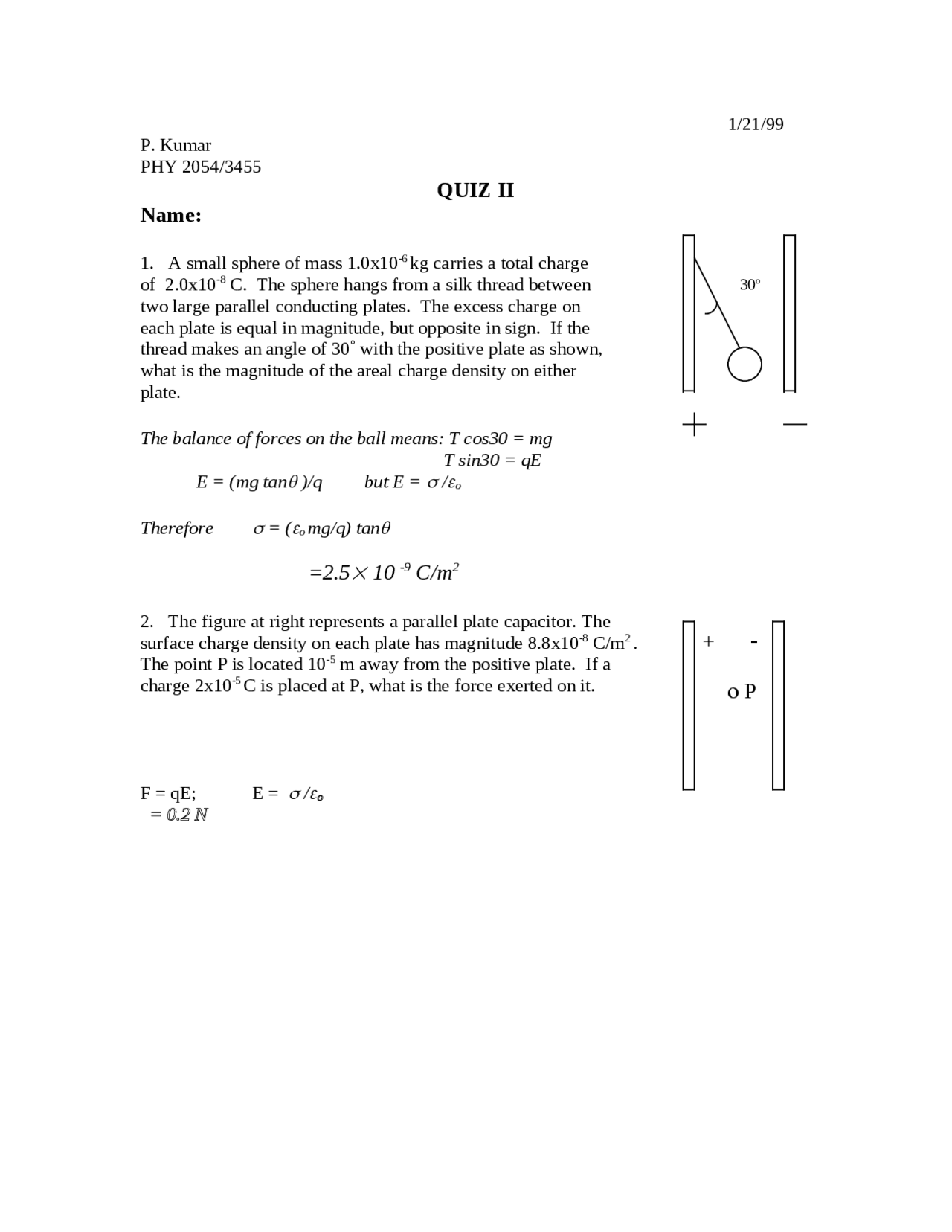Quiz 2 Solution Fall 1999 Physics Ii Phy 2054 Docsity