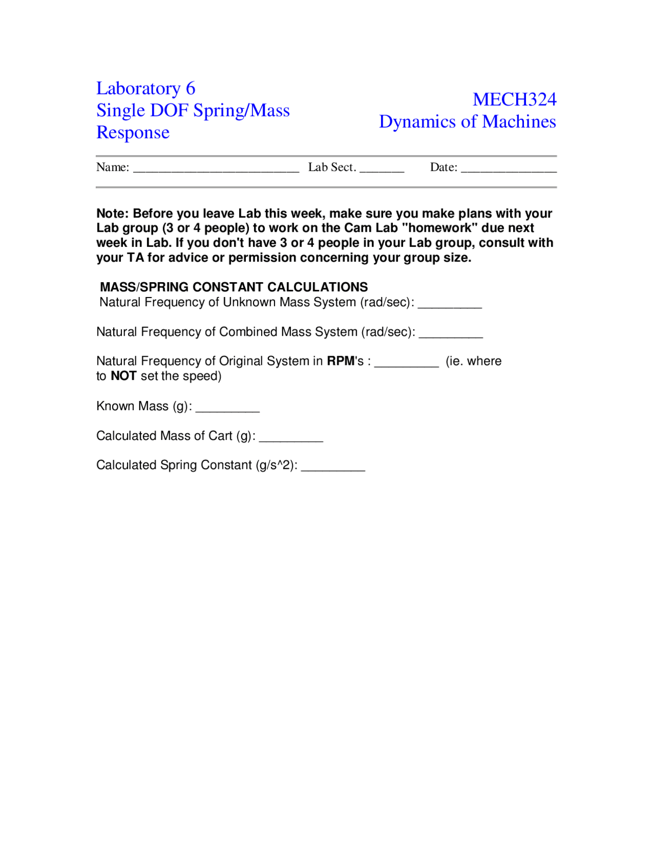 Laboratory 6 Dynamics Of Machines Mech 324 Docsity