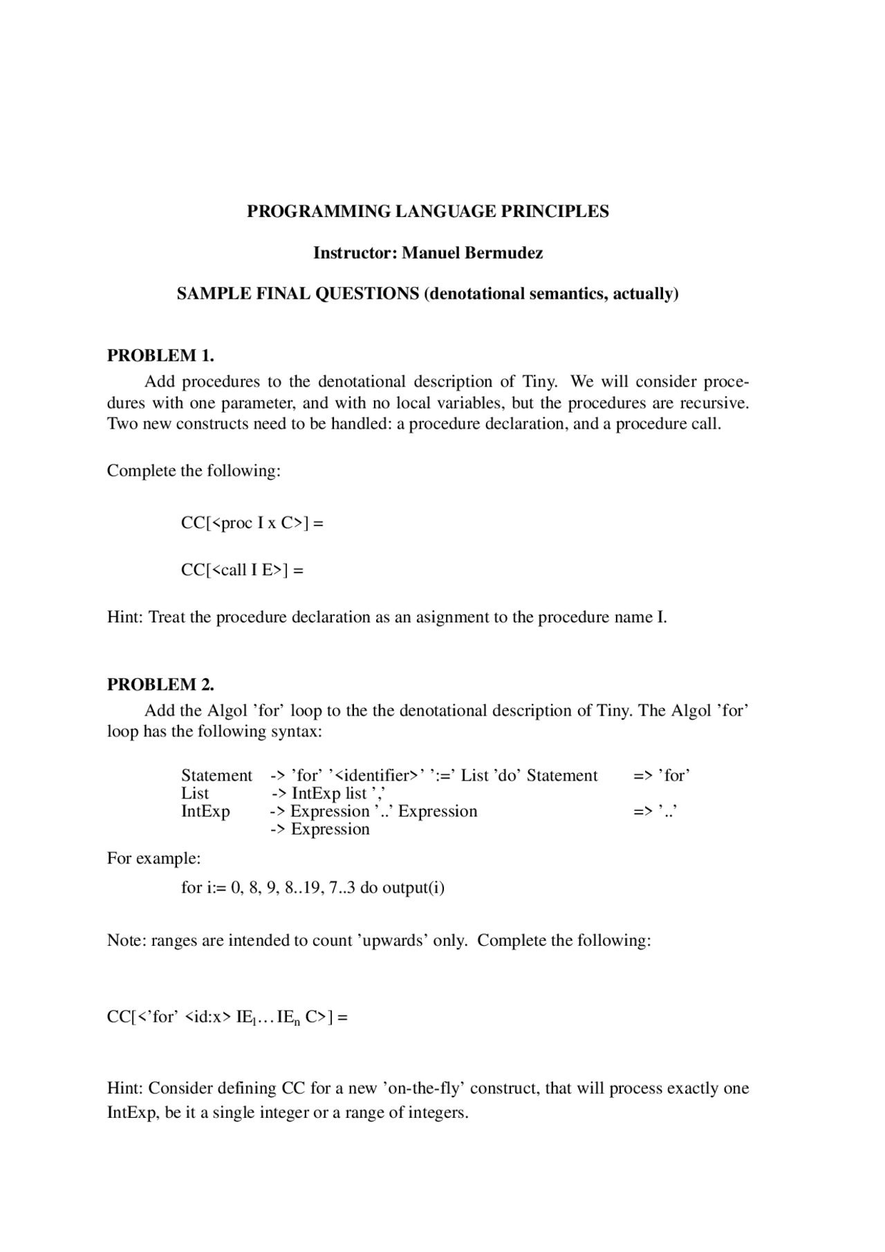 Sample Final Questions Introduction To Programming Languages Cop