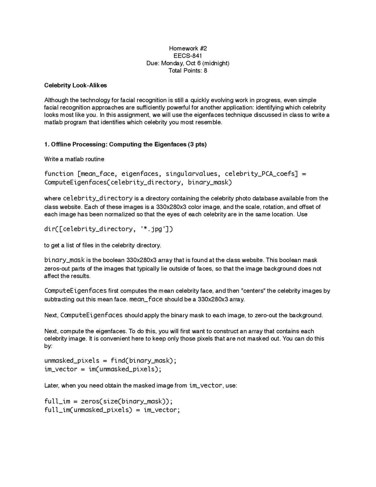Compute Eigen faces - Homework 2 | Computer Vision | EECS 841 | Assignments Electrical and ...