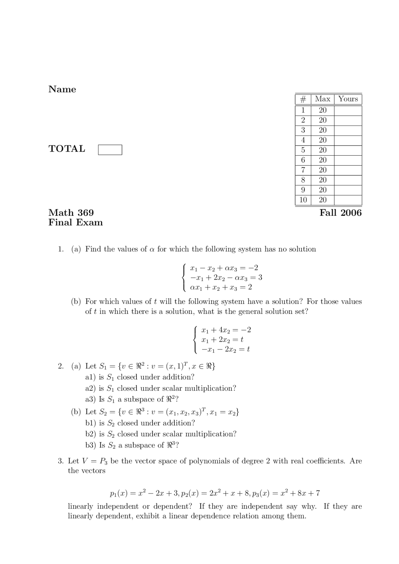 10 Solved Problems on Linear Transformation - Final Examination | MATH 369 - Docsity