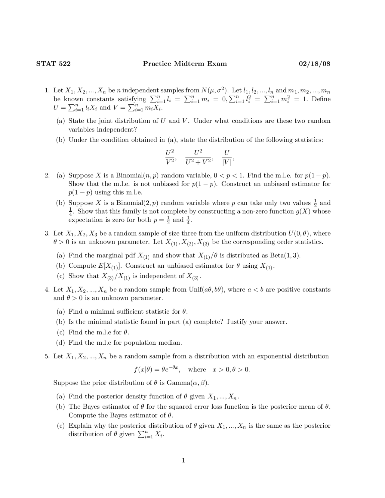 Practice Questions To Midterm Exam For Solution Statistical Theory Ii St 522 Docsity