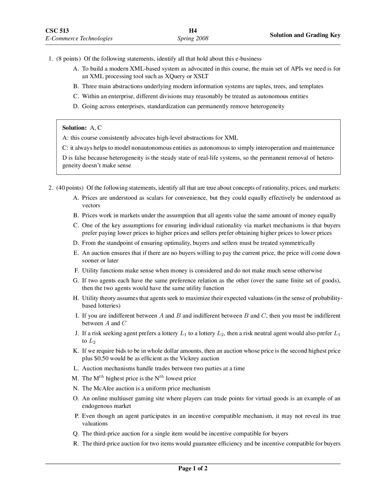 CSC 513 E-Commerce Technologies: Solution and Grading Key for Spring 2008 - Prof. Singh ...