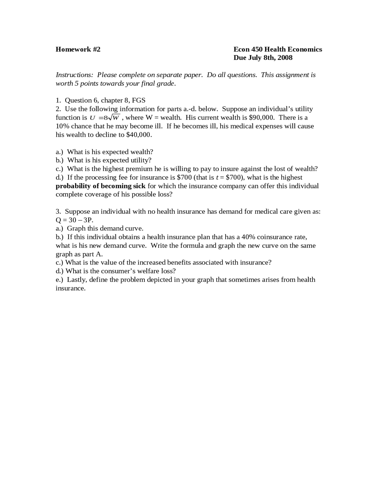 What Is Expected Utility And Wealth Homework 2 Econ 450 Docsity