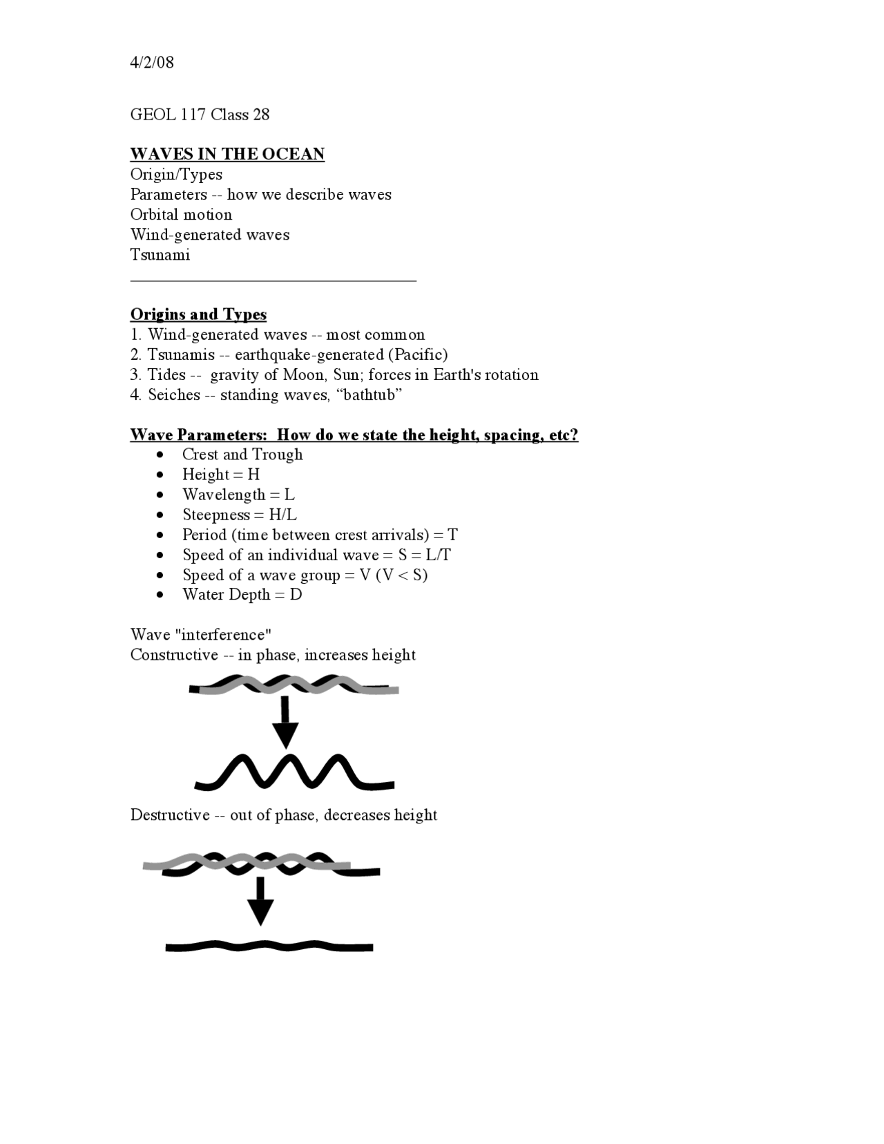 Notes On The Waves In The Oceans Geol 117 Docsity